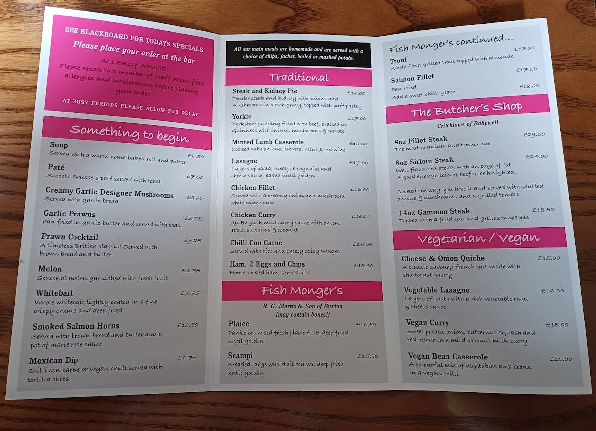 Menu at The Bulls Head pub & bar, Monyash