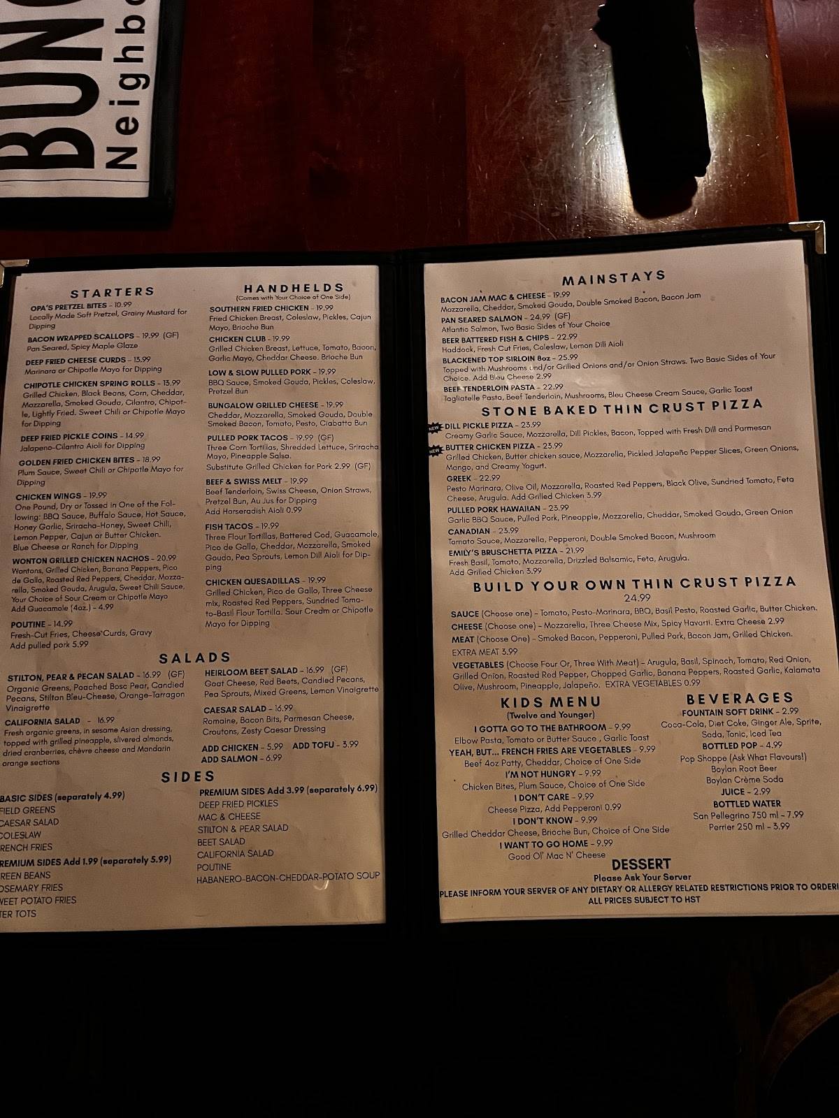 Menu at The Bungalow restaurant, London