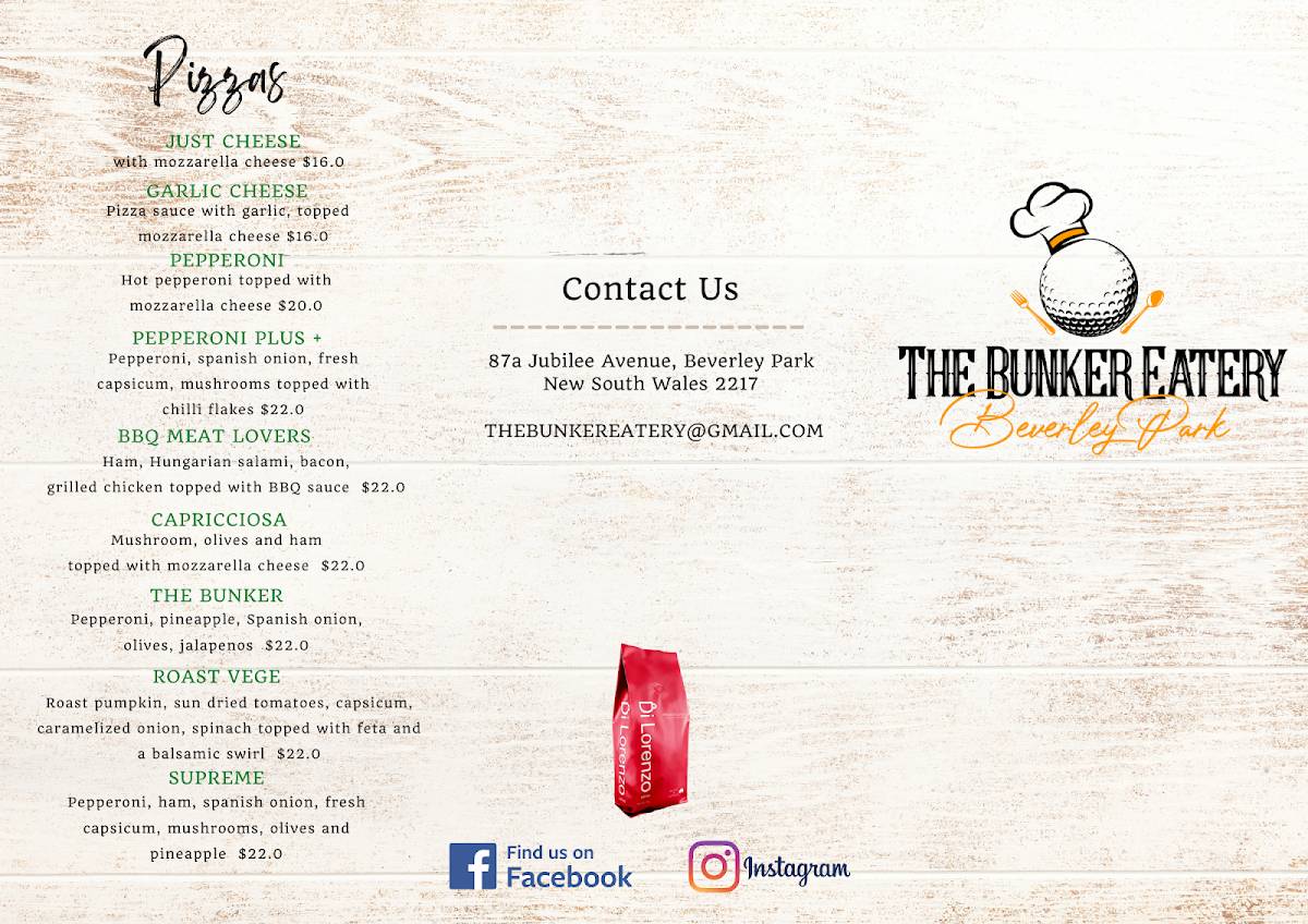 Menu at The Bunker Eatery cafe, Beverley Park