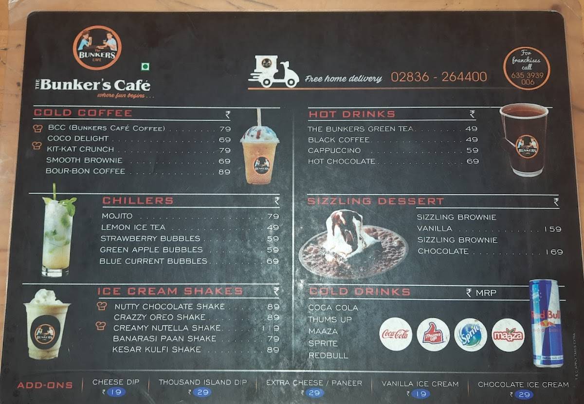 Menu at The Bunker's Café, Gandhidham