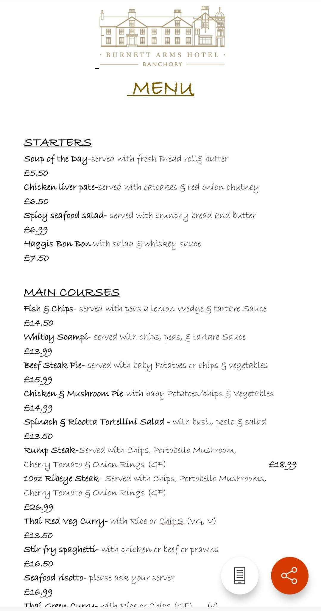 Menu at The Burnett Arms Hotel Banchory pub & bar, Banchory