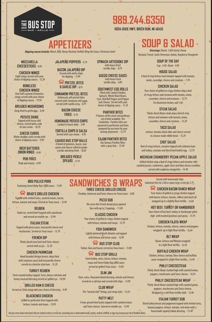 Menu at The Bus Stop Bar & Grille, Birch Run