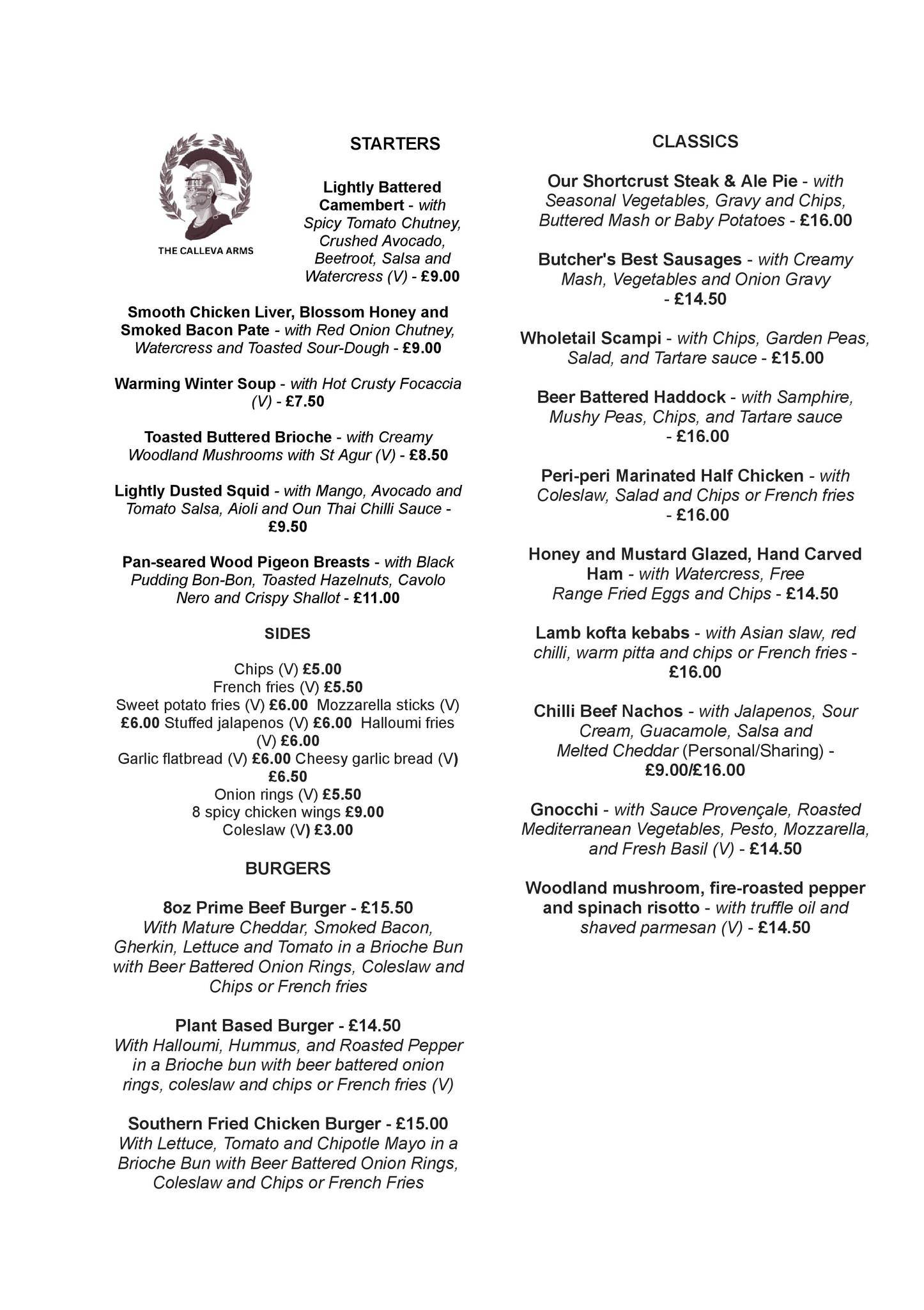 Menu at The Calleva Arms pub & bar, Tadley