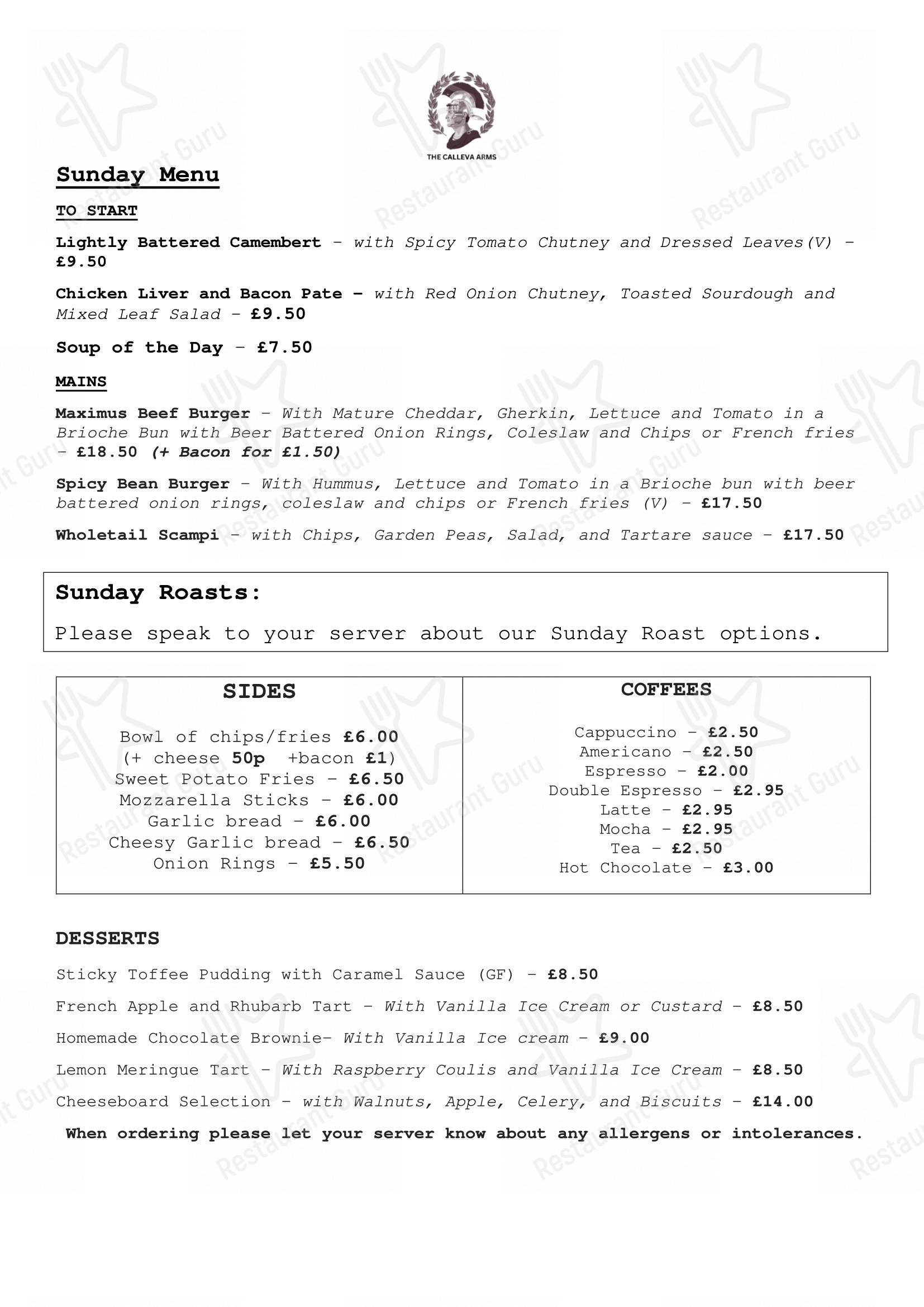Menu at The Calleva Arms pub & bar, Tadley