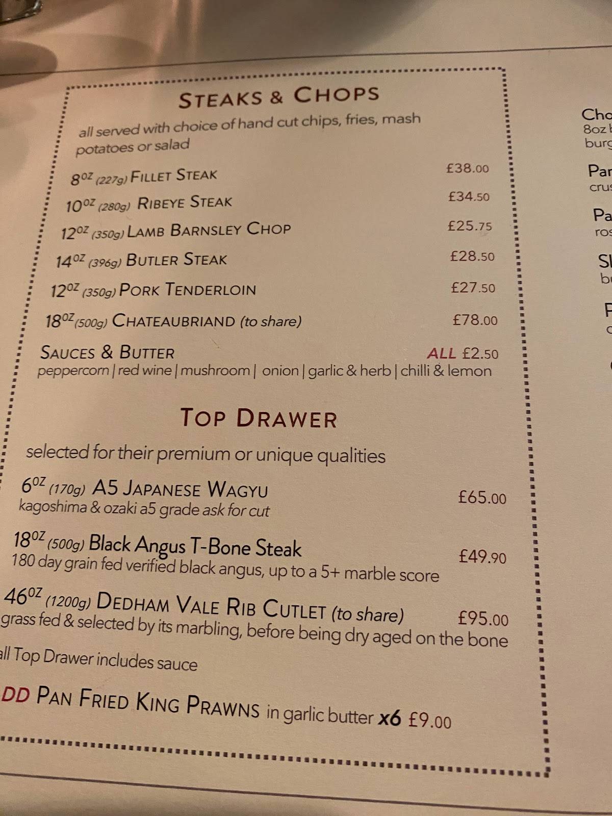 Menu at The Cambridge Chop House steakhouse, Cambridge
