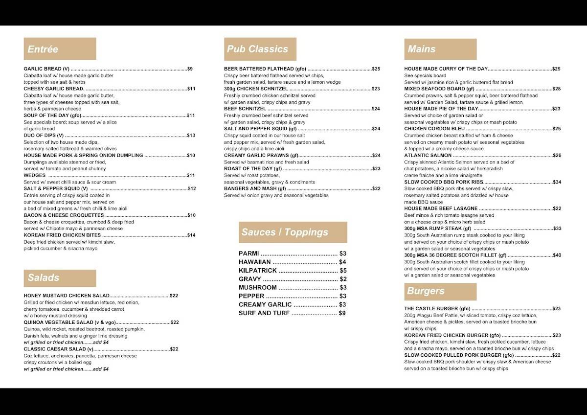 Menu at The Castle Tavern pub & bar, Edwardstown