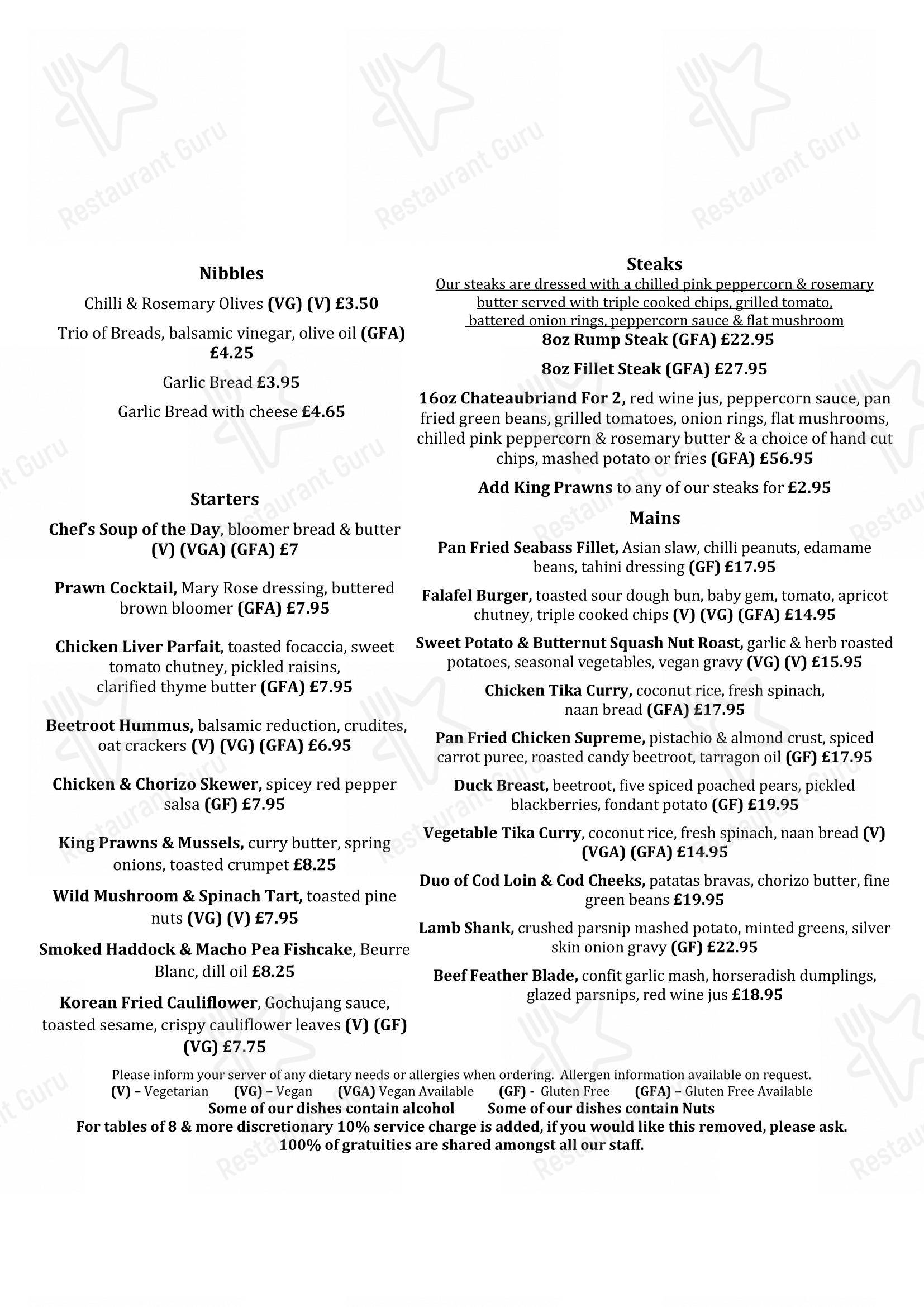 Menu at The Celtic Arms restaurant, Mold