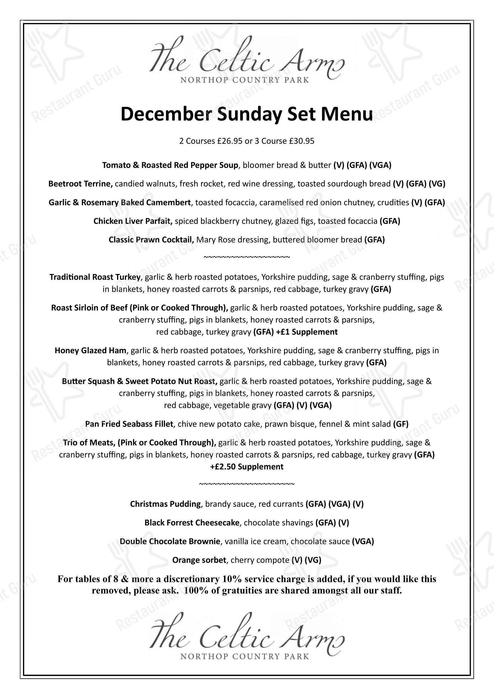 Menu at The Celtic Arms restaurant, Mold