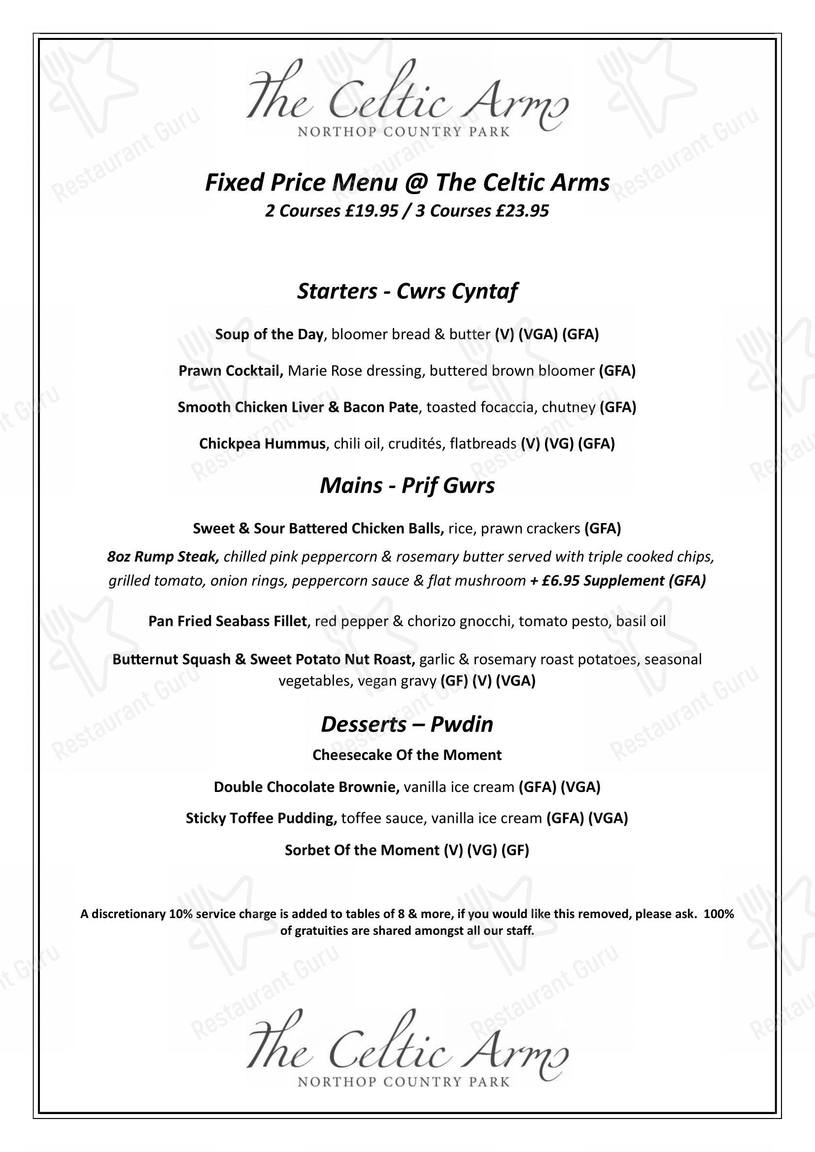 Menu at The Celtic Arms restaurant, Mold