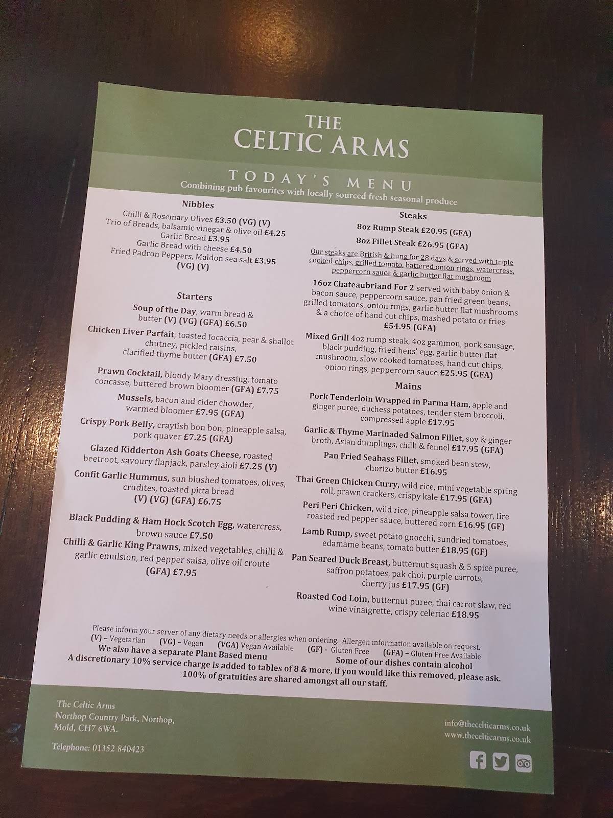 Menu at The Celtic Arms pub & bar, Mold