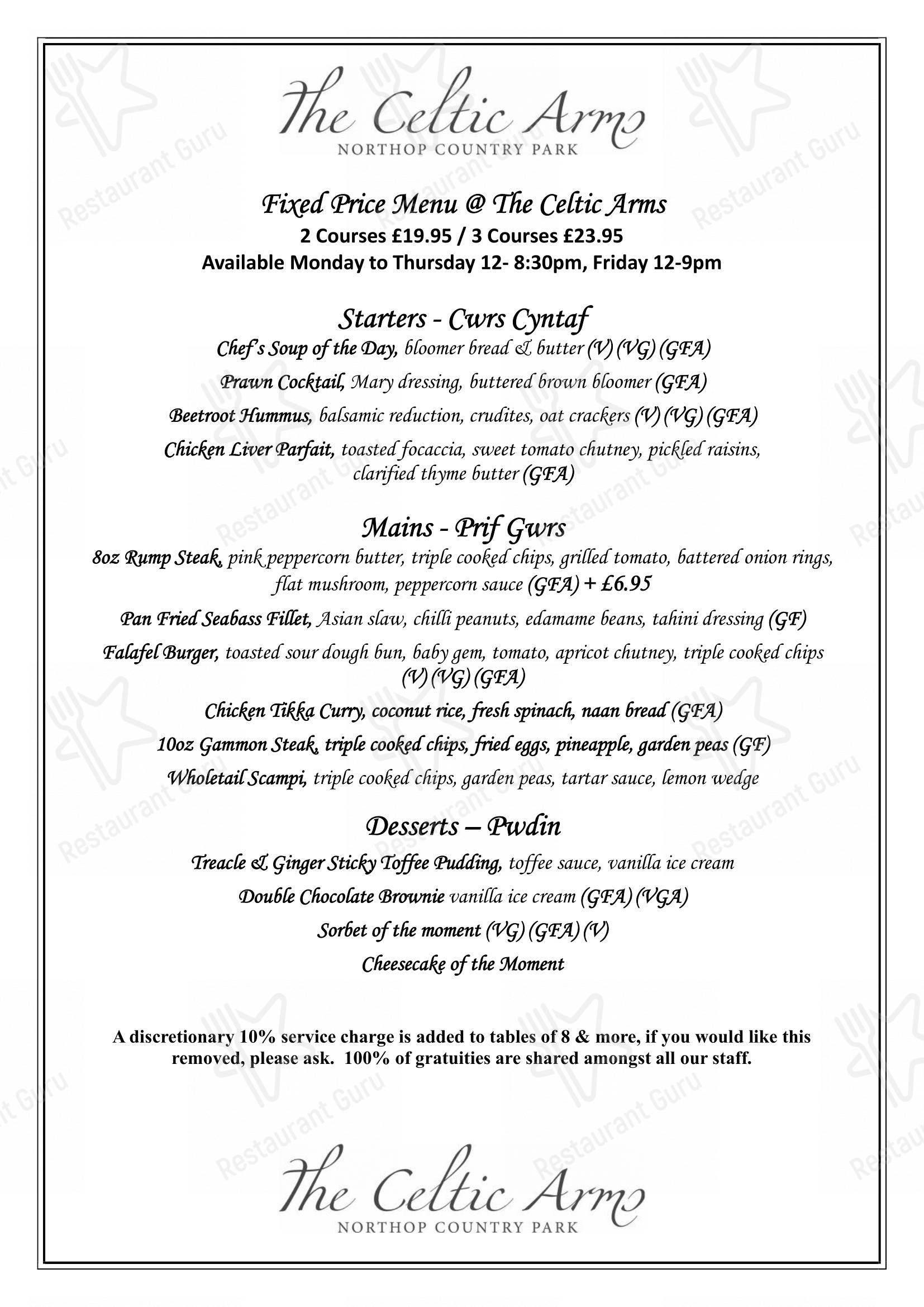 Menu at The Celtic Arms restaurant, Mold
