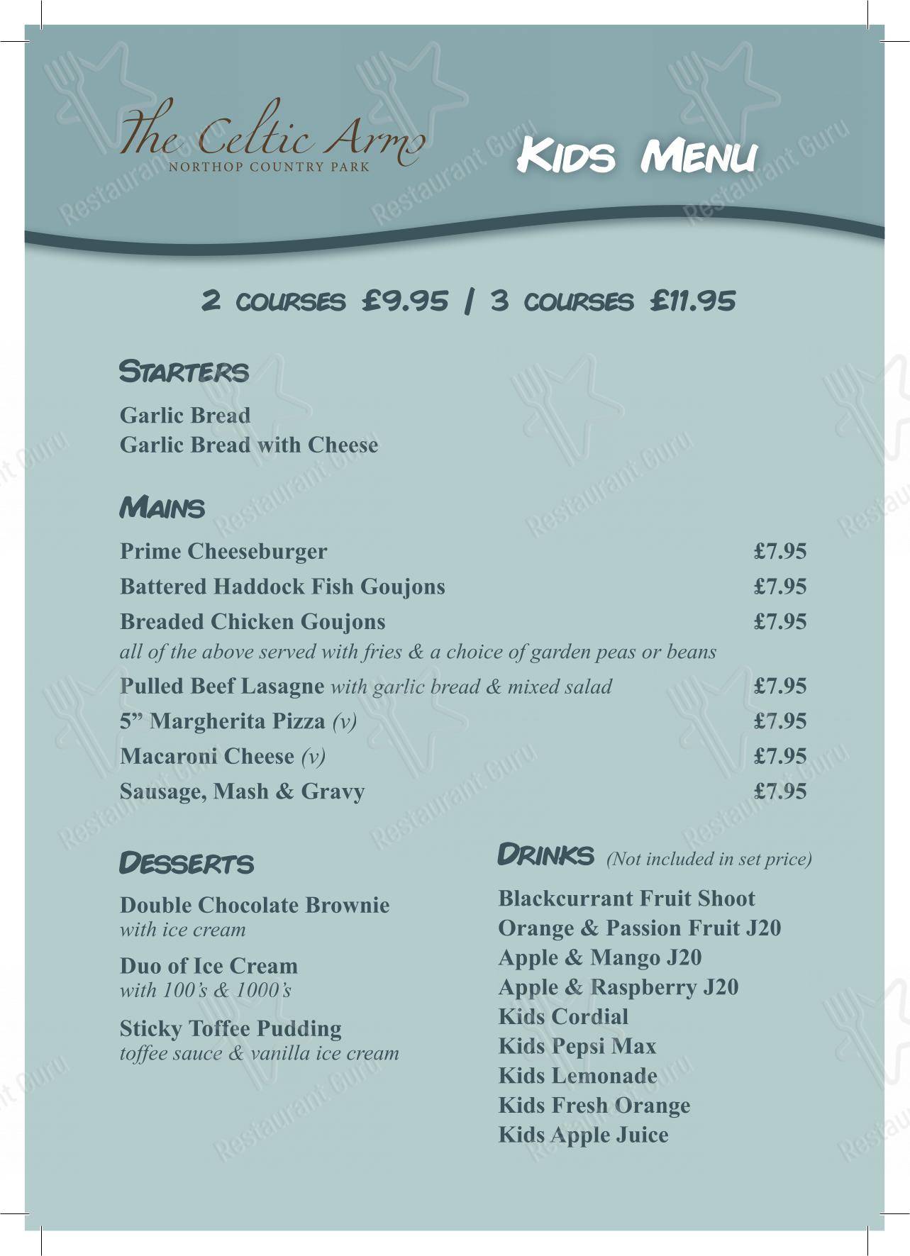 Menu at The Celtic Arms restaurant, Mold