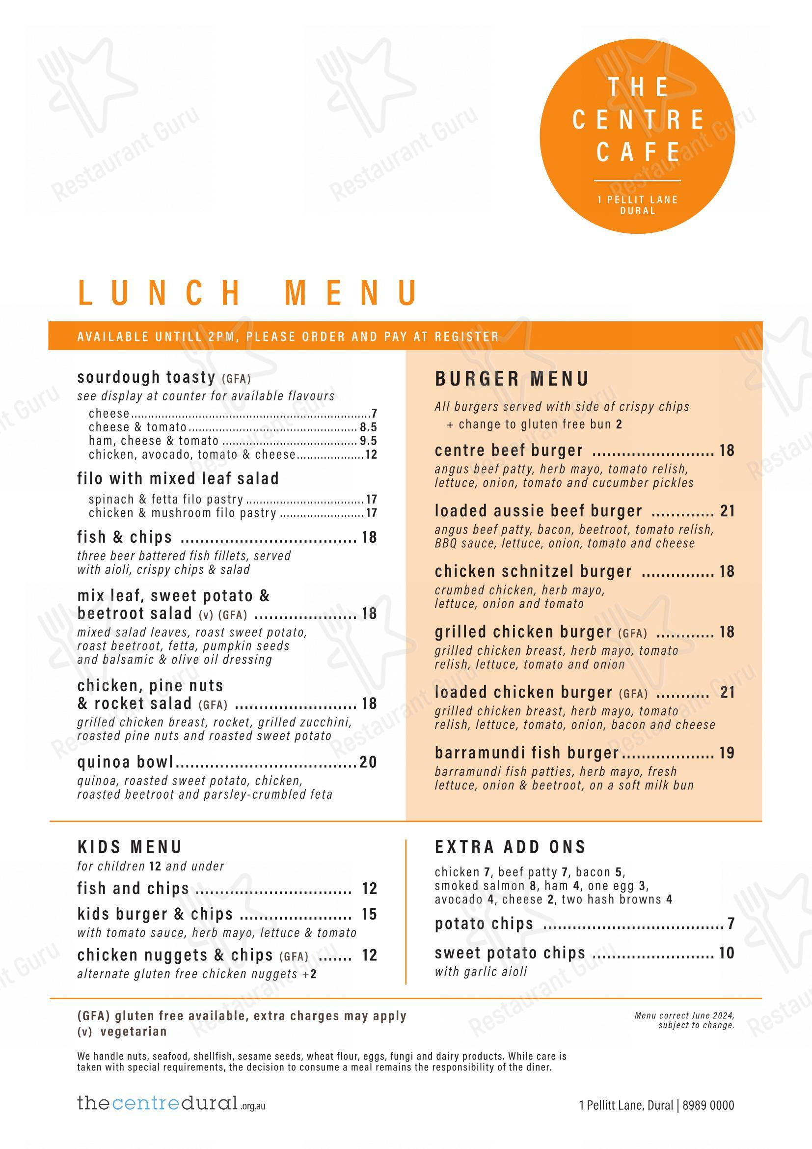Menu at The Centre restaurant, Dural