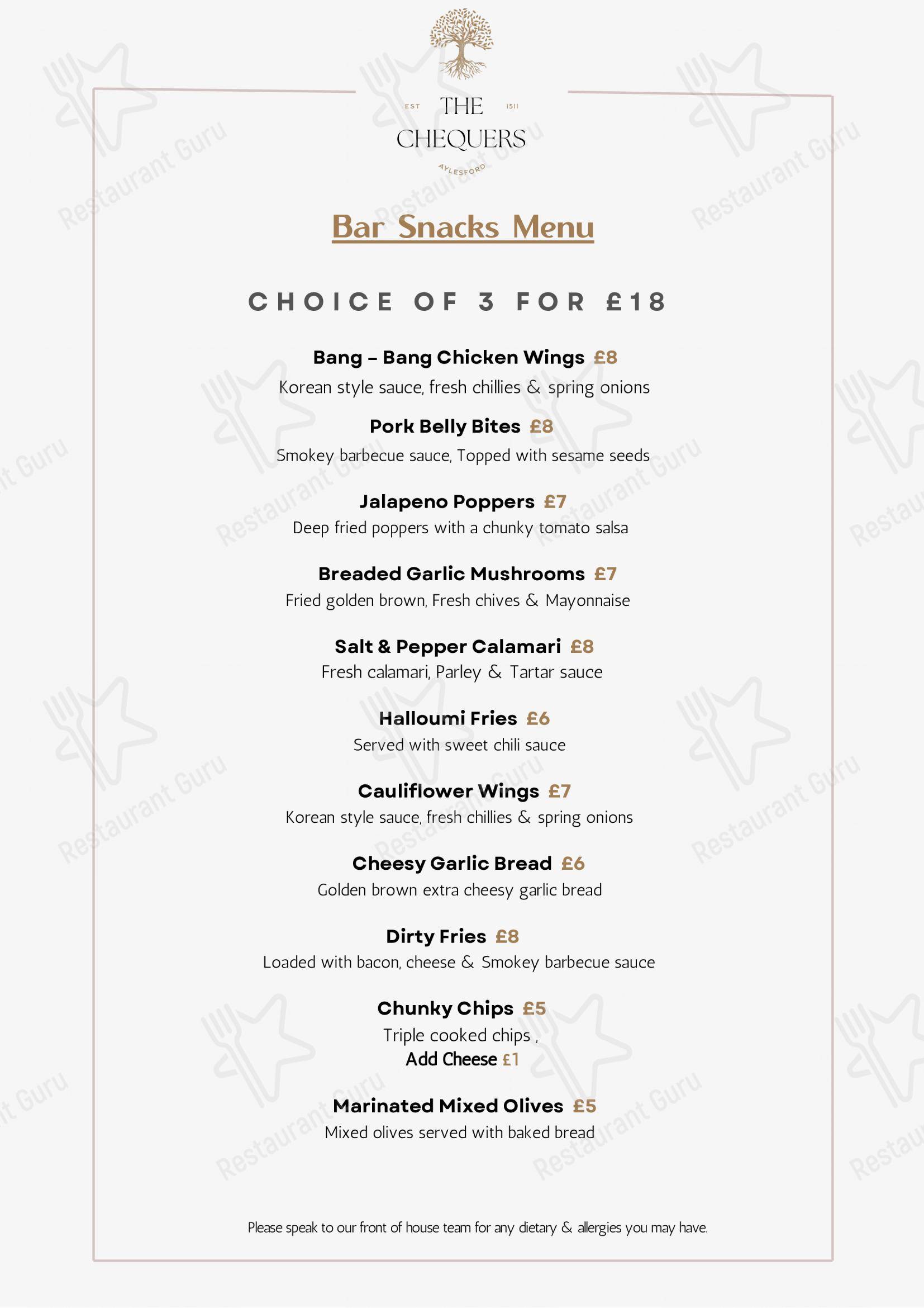 Menu at The Chequers Inn, Aylesford pub & bar, Aylesford