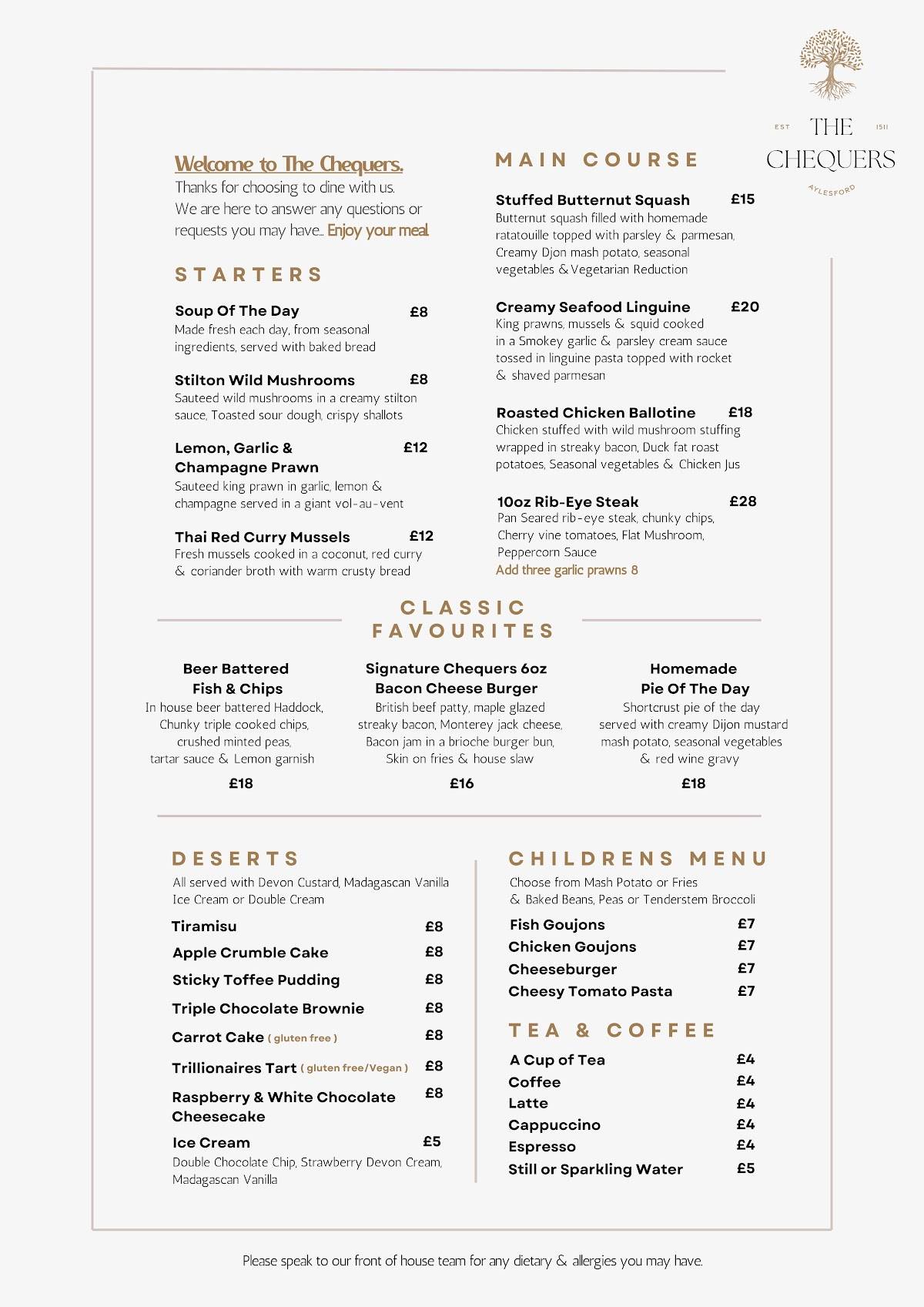 Menu at The Chequers Inn, Aylesford pub & bar, Aylesford