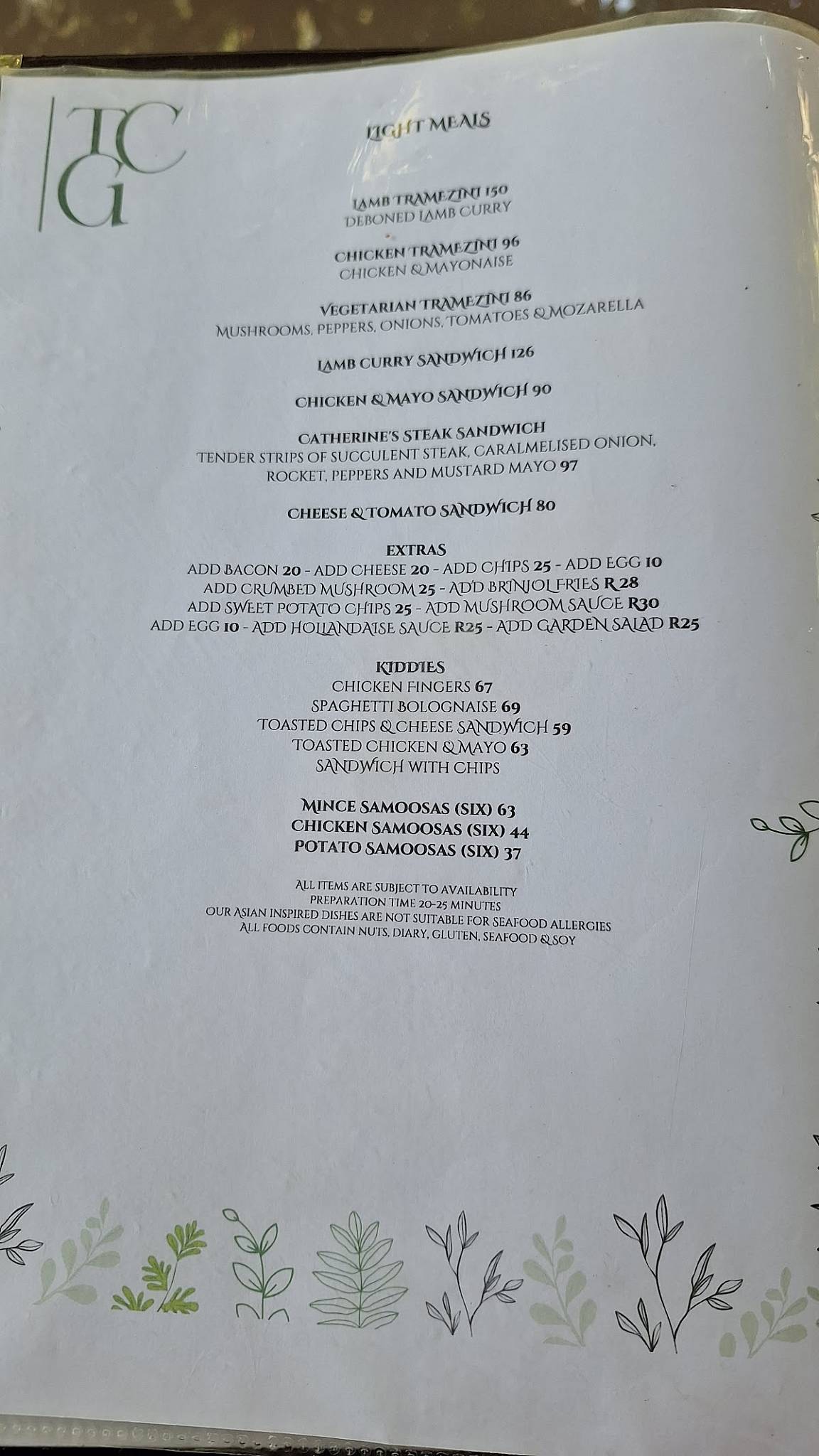Menu at The Chocolate Garden restaurant, Verulam