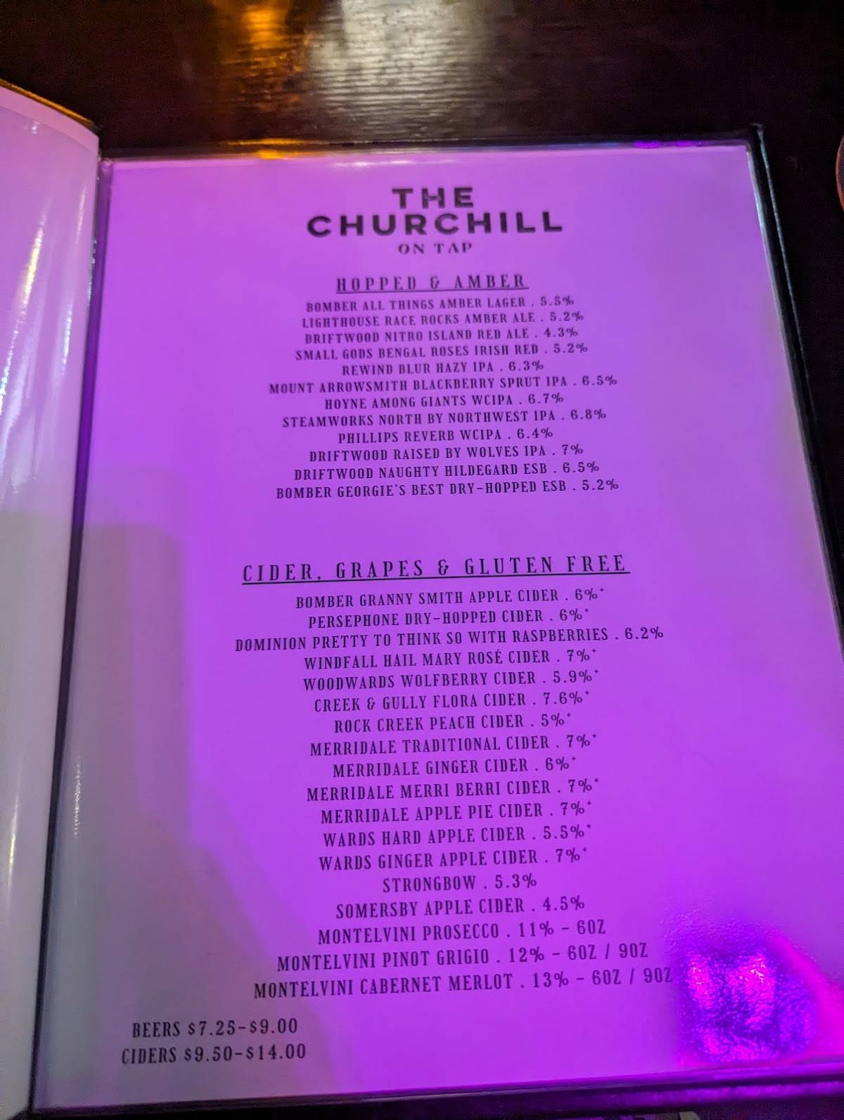 Menu at The Churchill pub & bar, Victoria