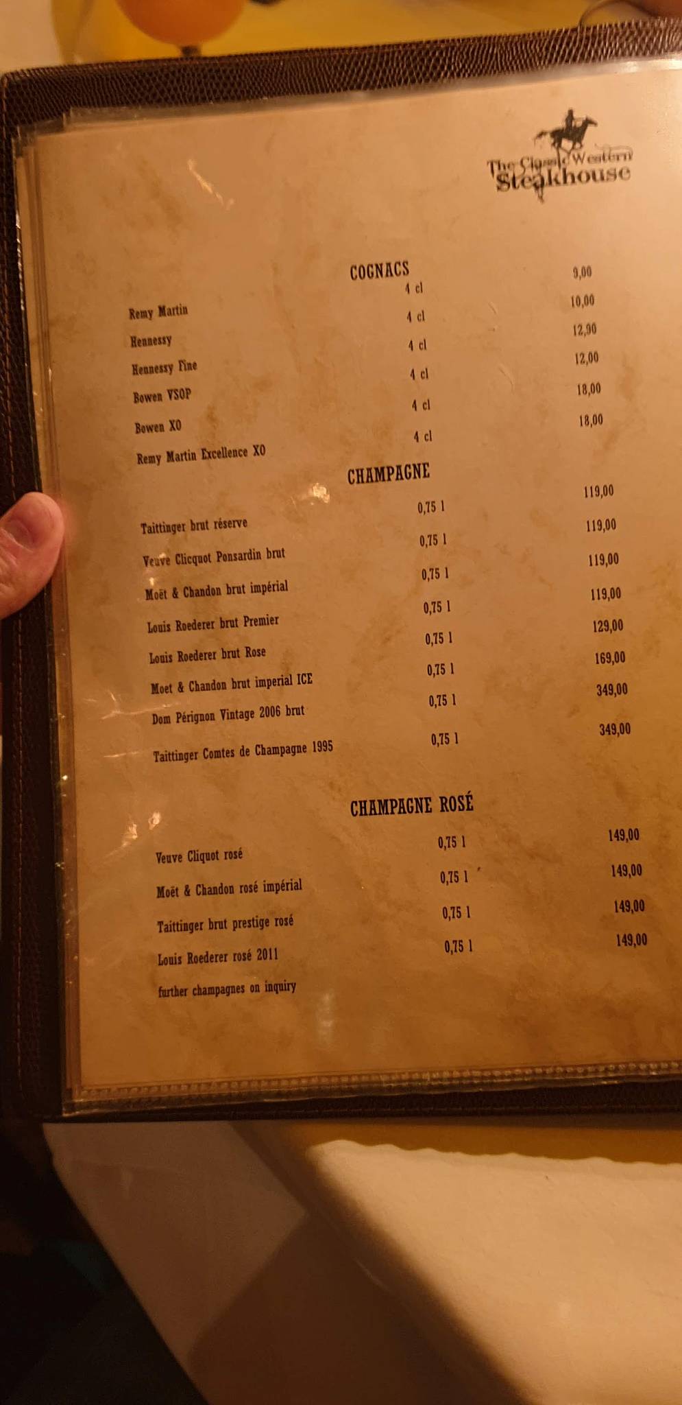 Menu at The Classic Western Steakhouse, Düsseldorf