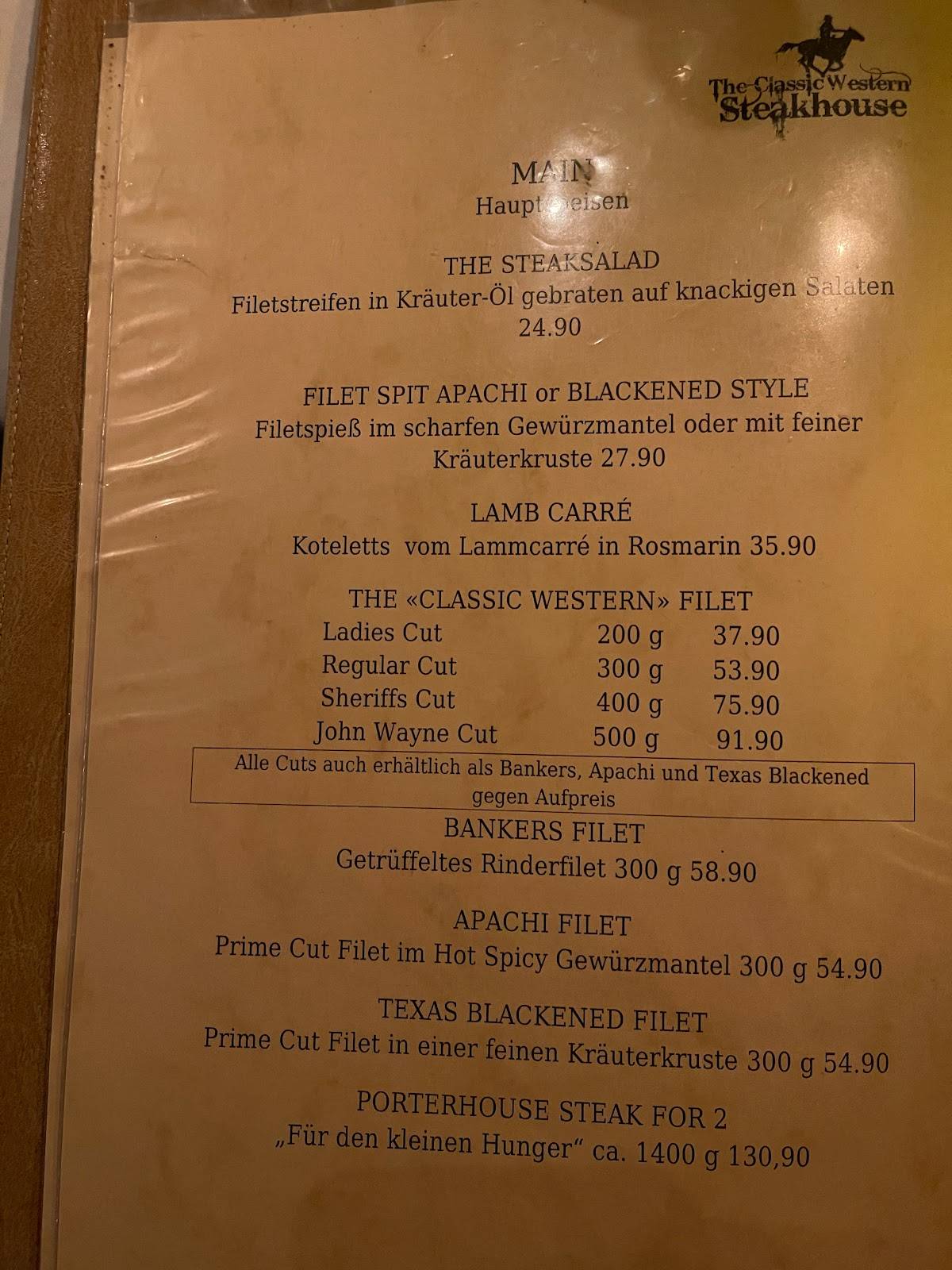 Menu au The Classic Western Steakhouse, Düsseldorf