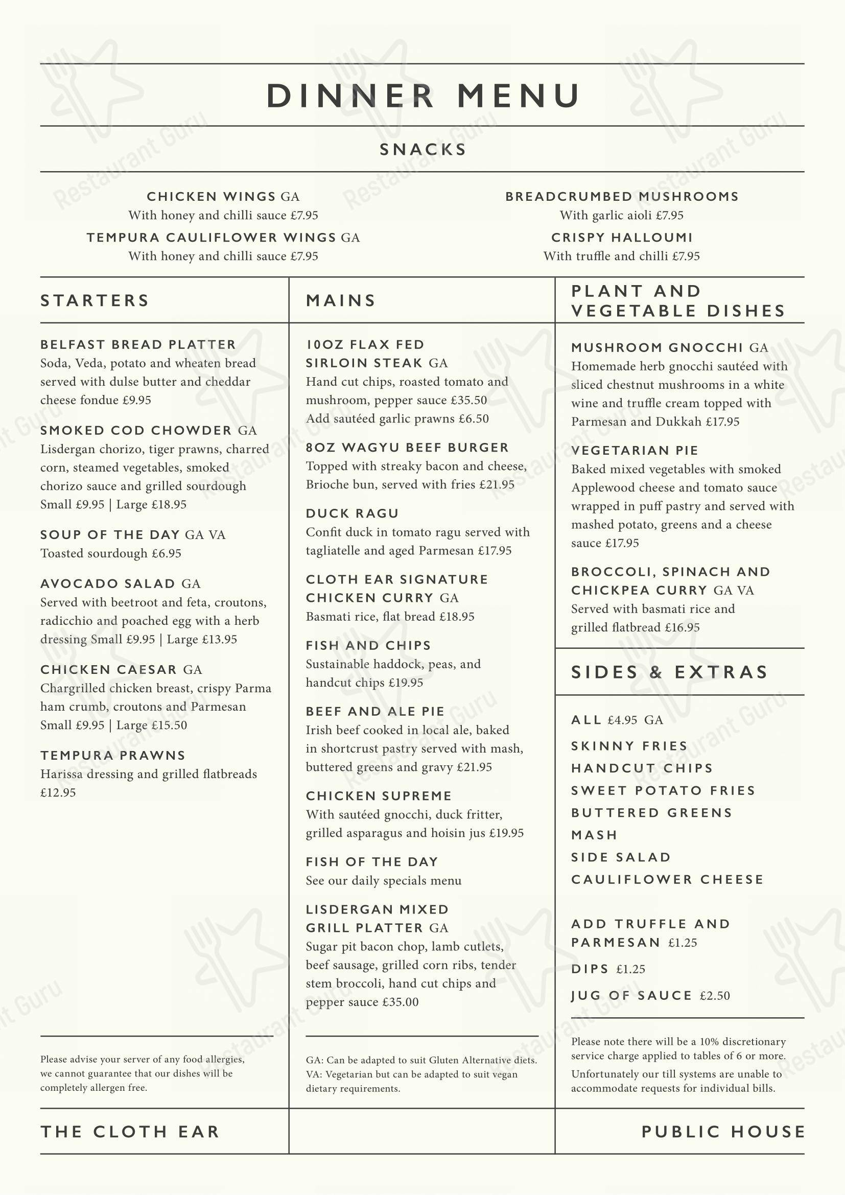 Menu at The Cloth Ear pub & bar, Belfast