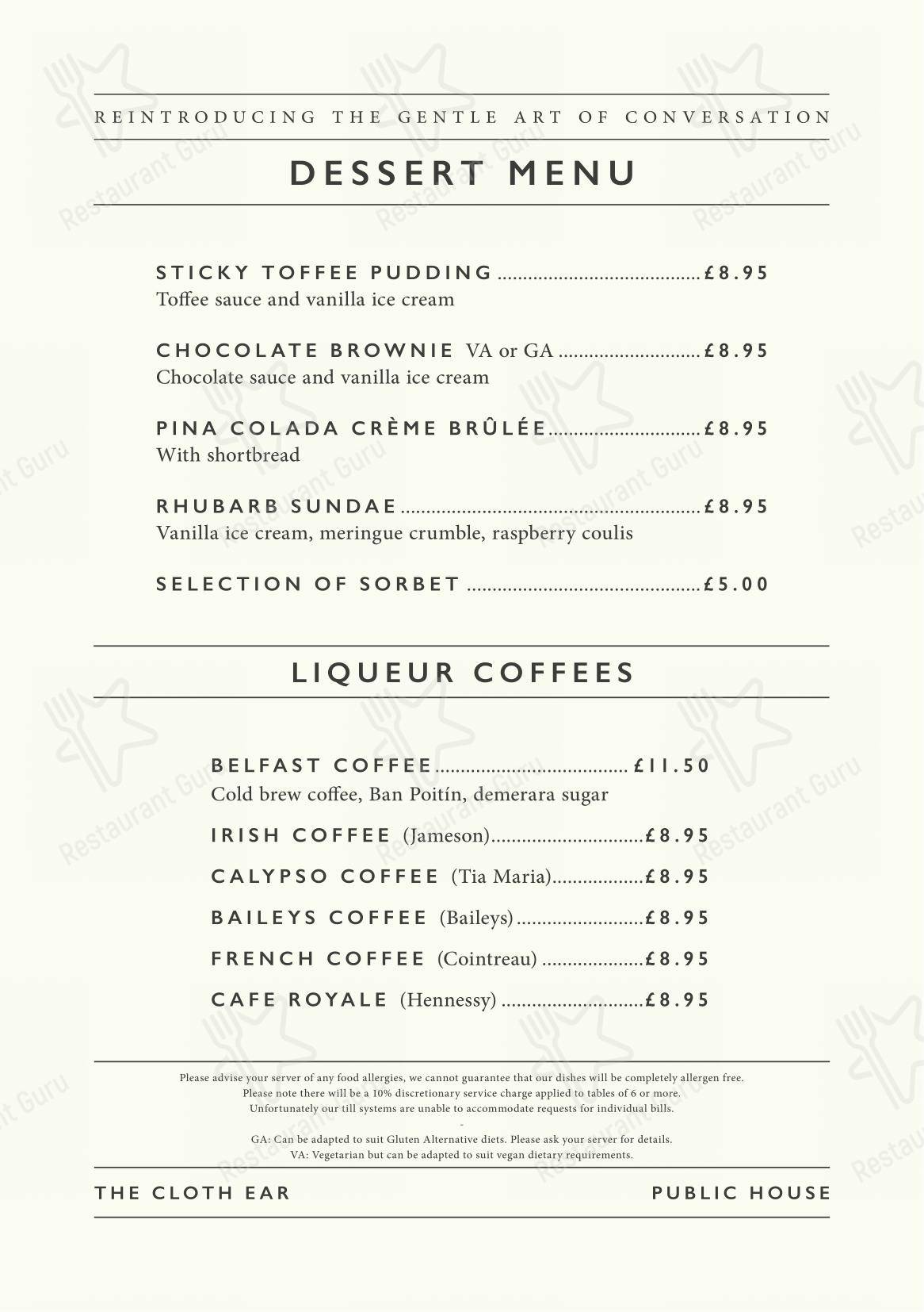 Menu at The Cloth Ear pub & bar, Belfast