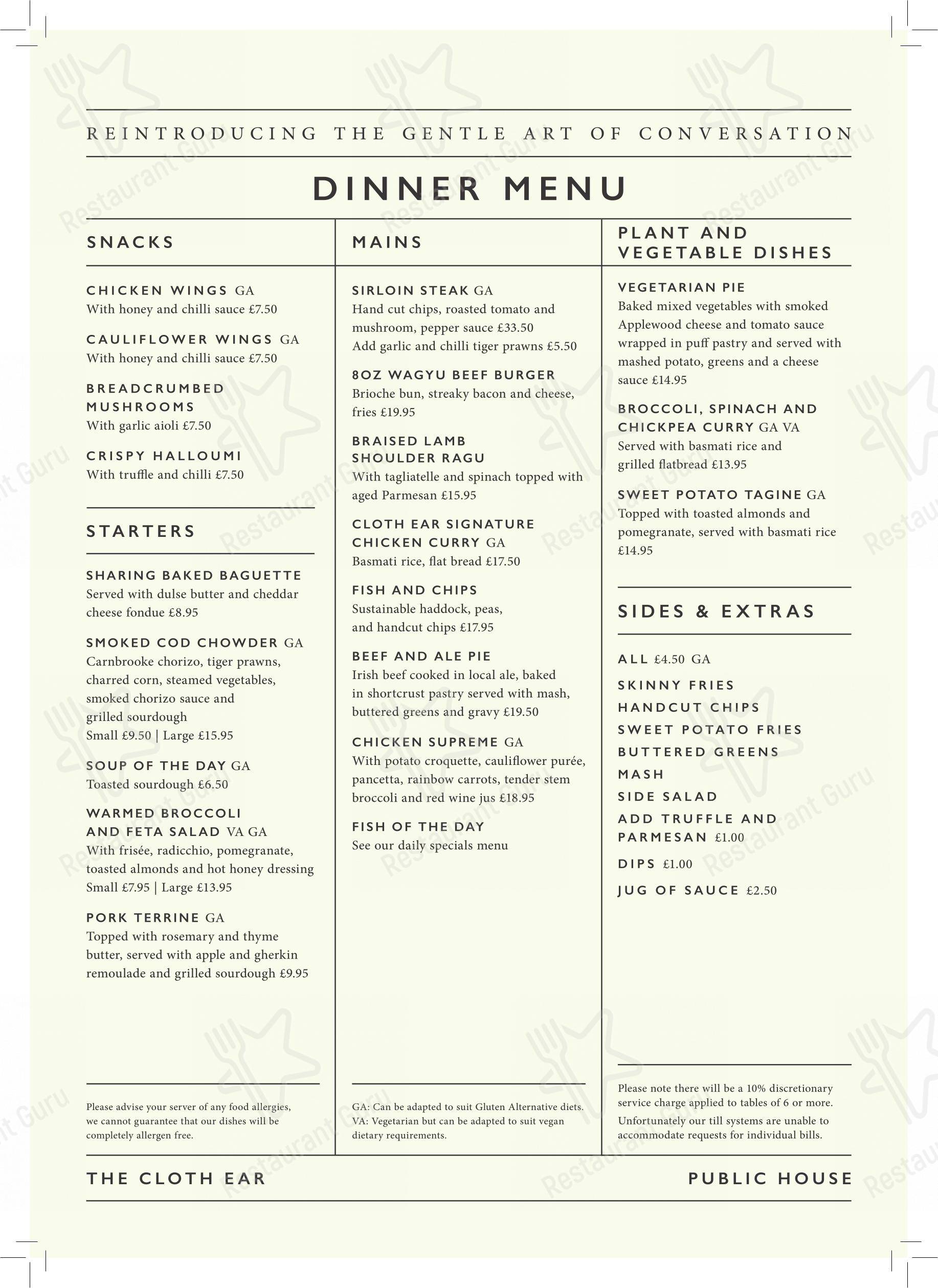 Menu at The Cloth Ear pub & bar, Belfast