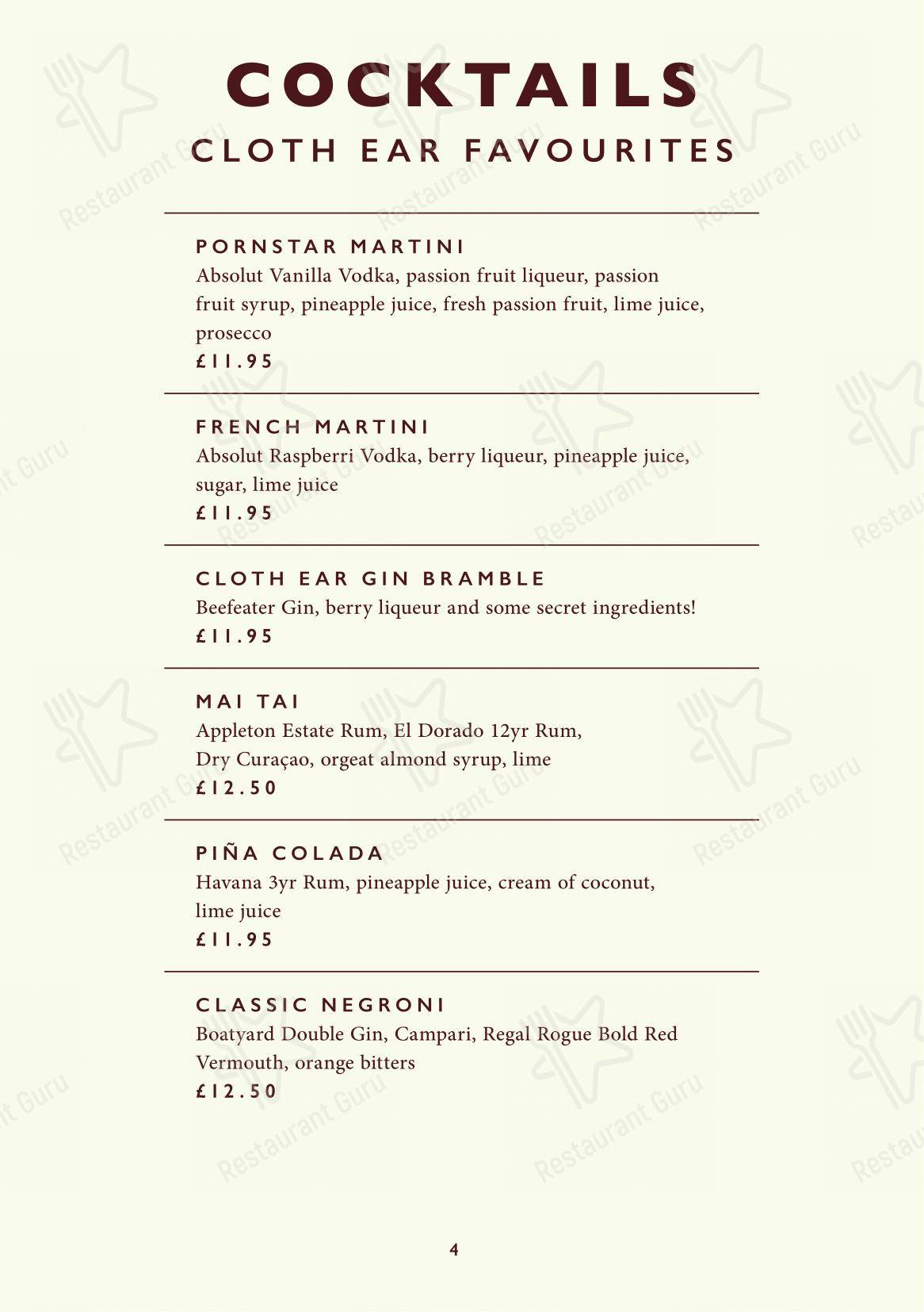 Menu at The Cloth Ear pub & bar, Belfast