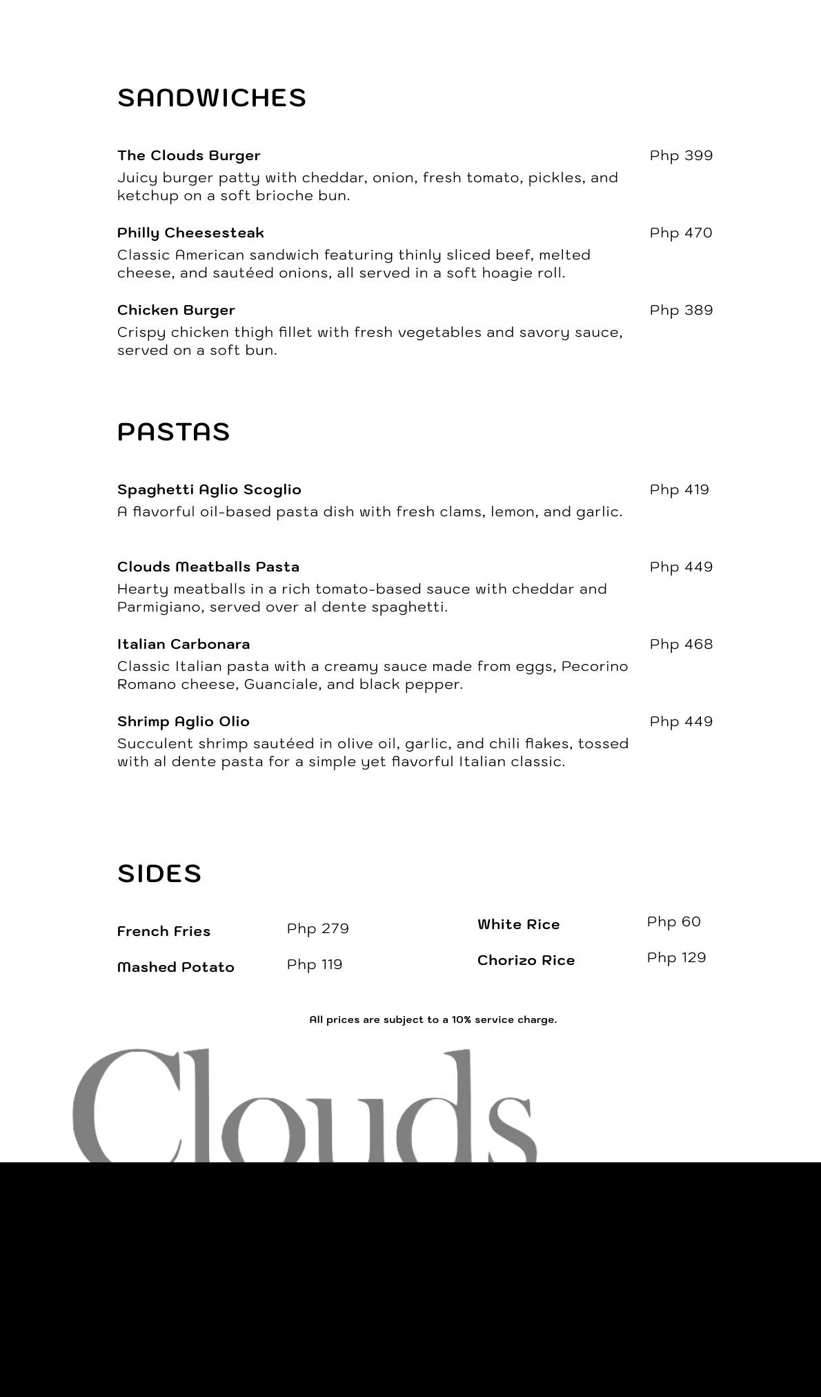 Menu at The Clouds Bar, Angeles