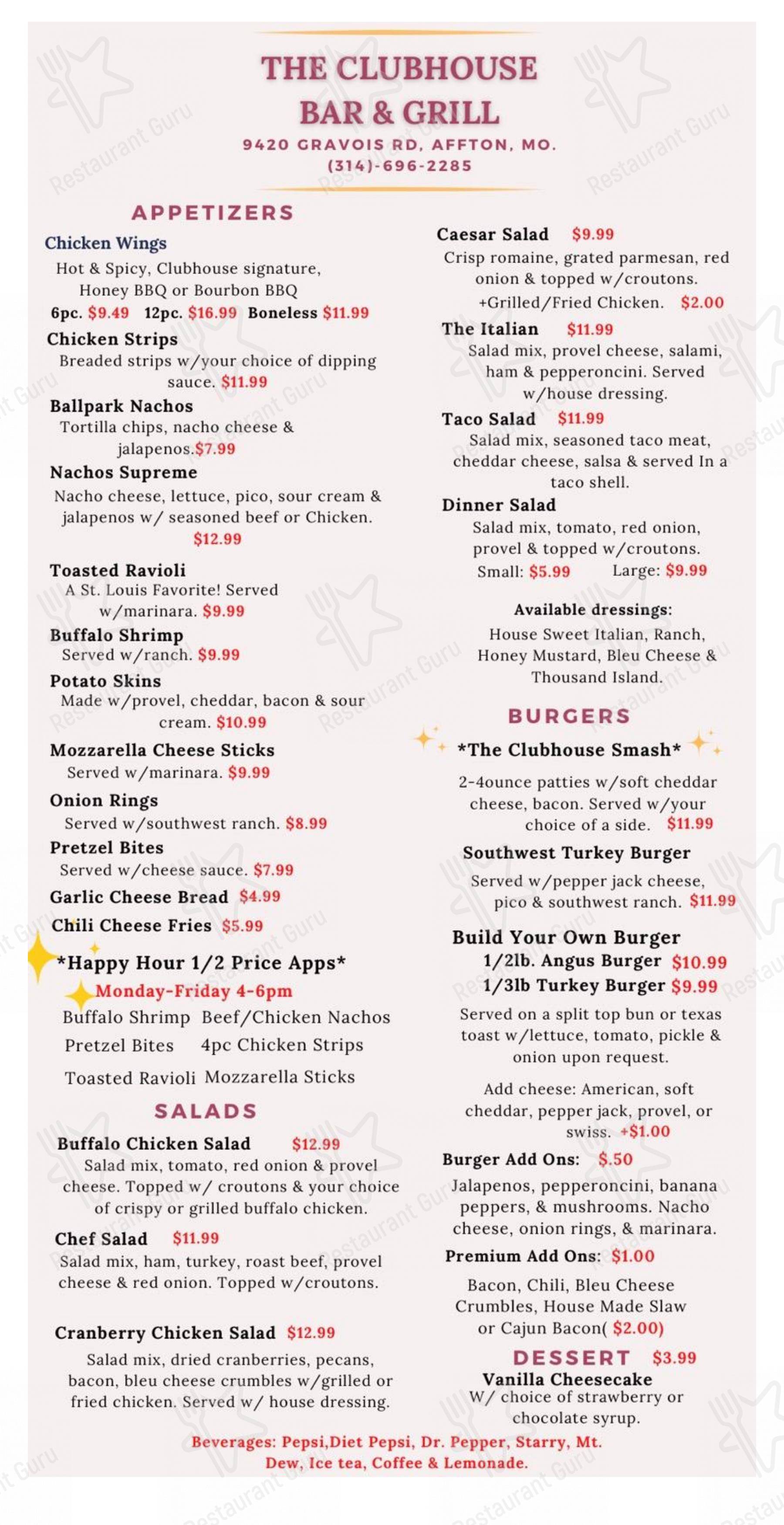 Menu at The Clubhouse Bar & Grill, Affton