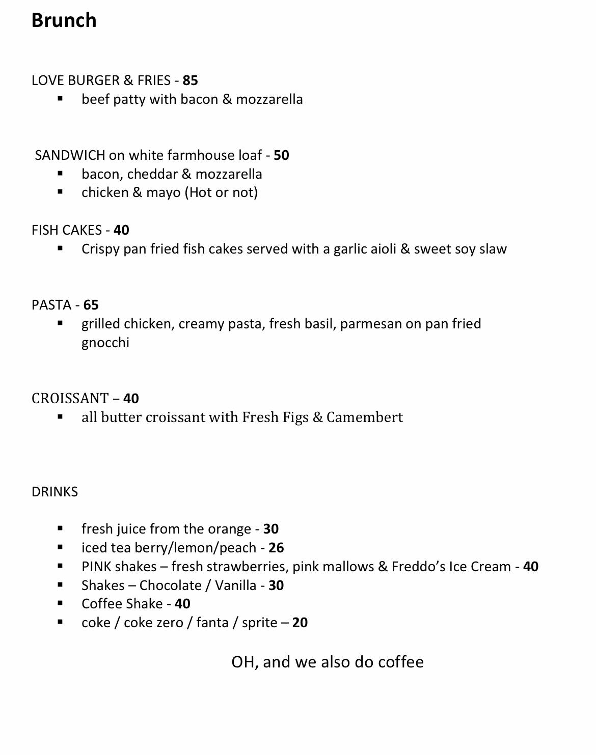 Menu at The Coffee Tree cafe, Durban, 298 Cato Rd