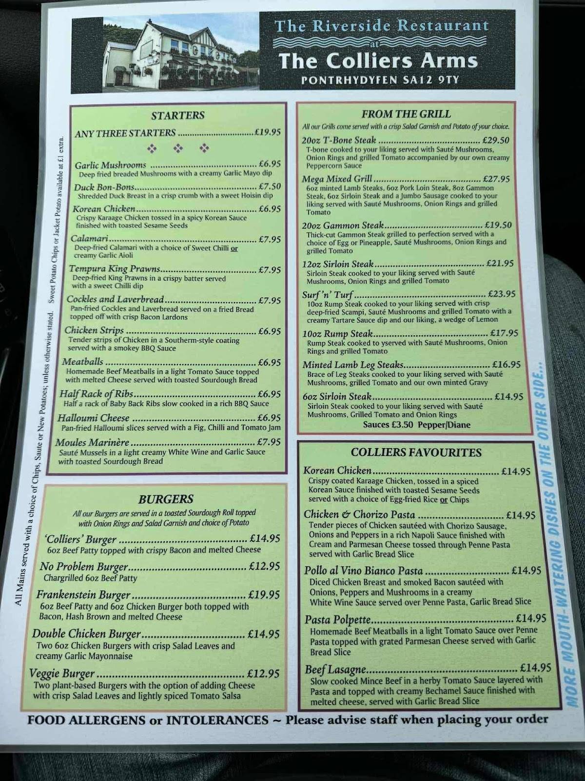 Menu at The Colliers Arms pub & bar, Port Talbot