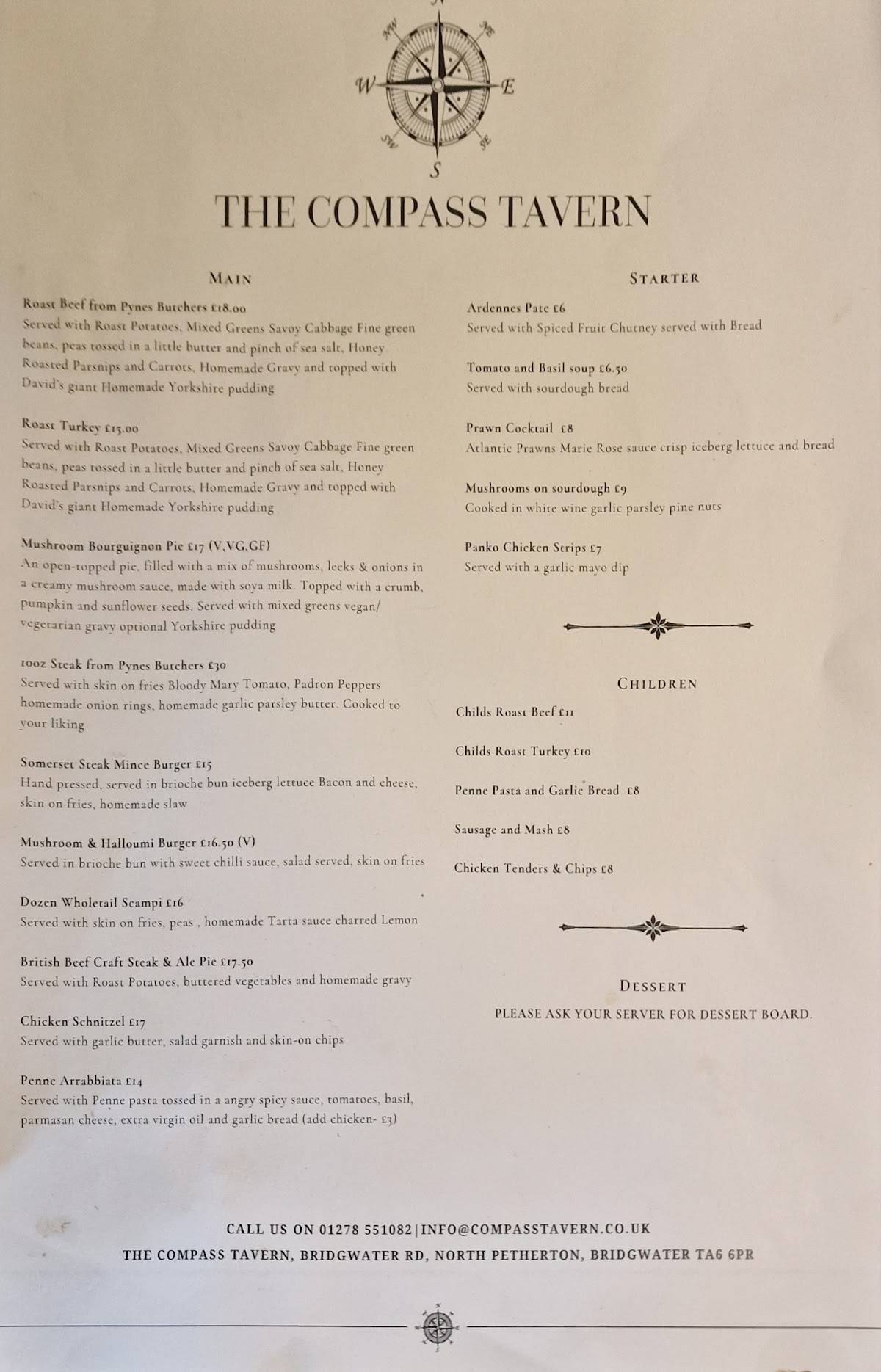 Menu at The Compass pub & bar, Bridgwater, Bridgwater Rd