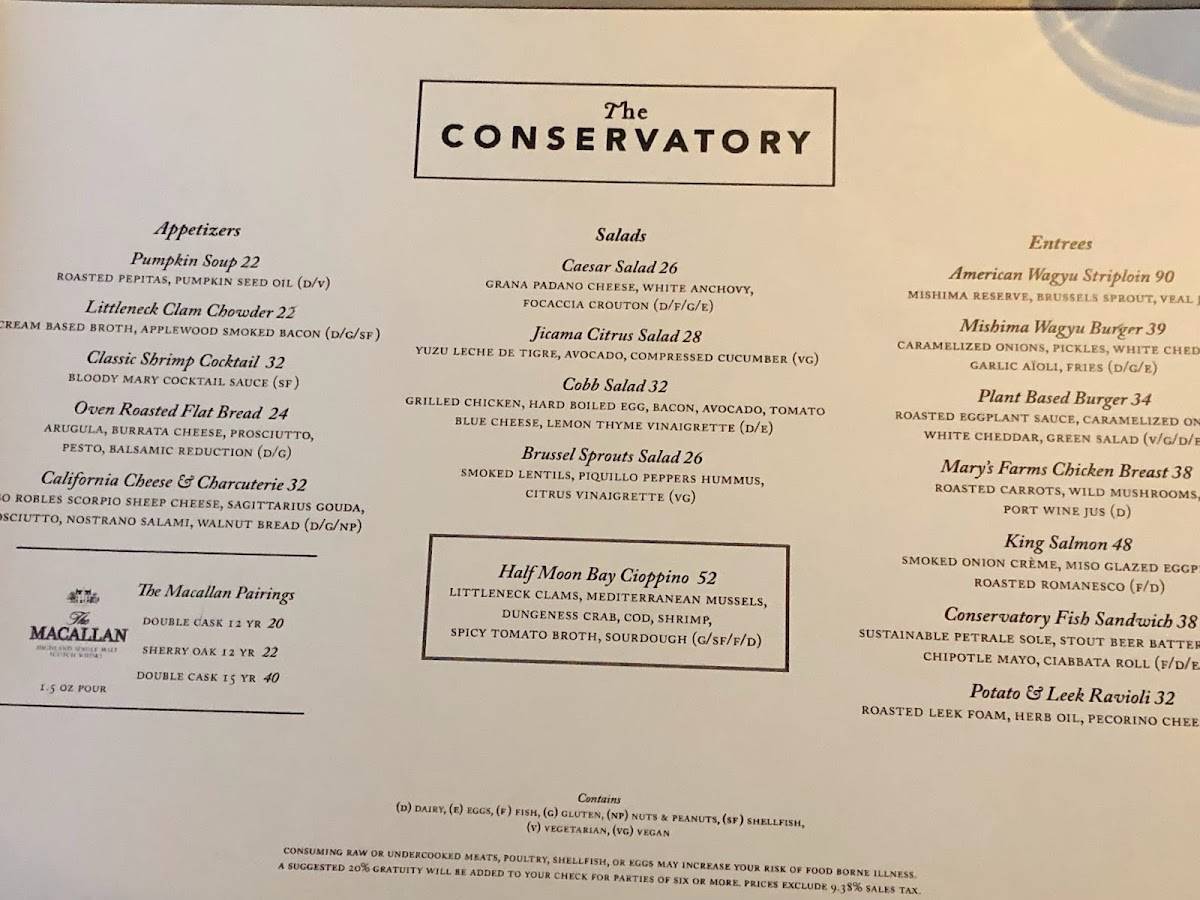 Menu at The Conservatory restaurant, Half Moon Bay