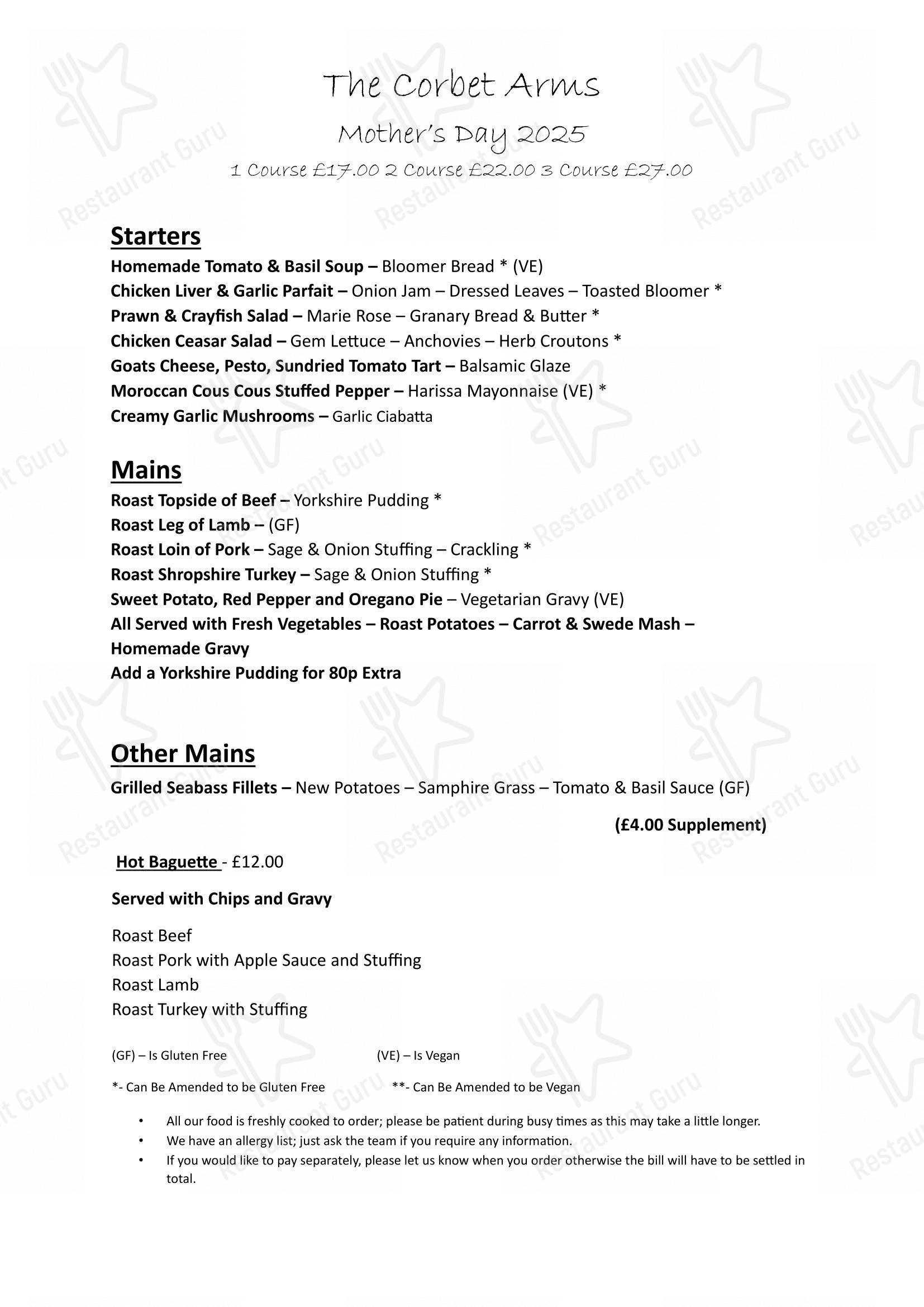 Menu at The Corbet Arms pub & bar, Shrewsbury, Church Rd