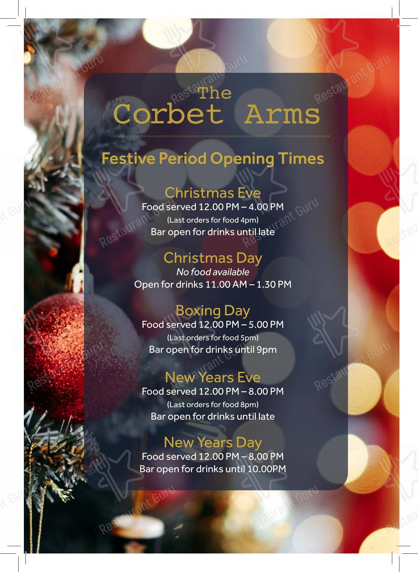 Menu at The Corbet Arms pub & bar, Uffington, Church Rd