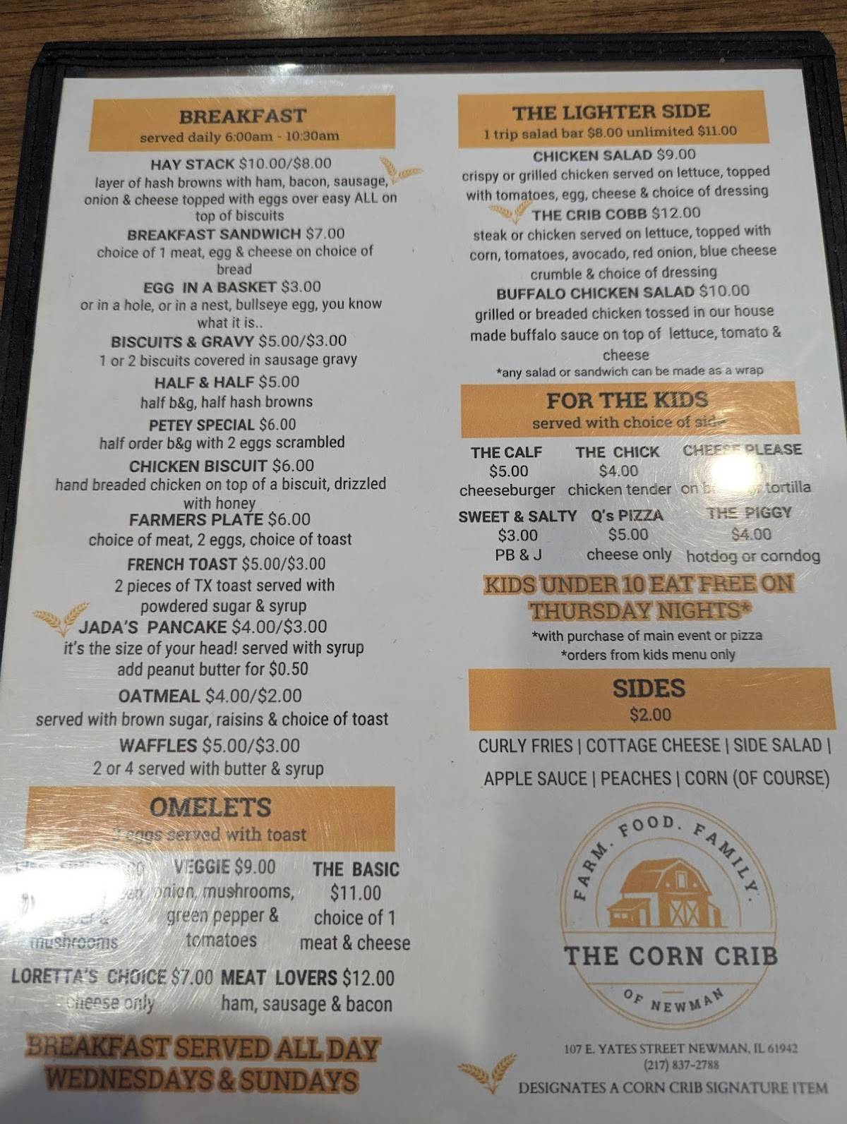 Menu at The Corn Crib of Newman pub & bar, Newman