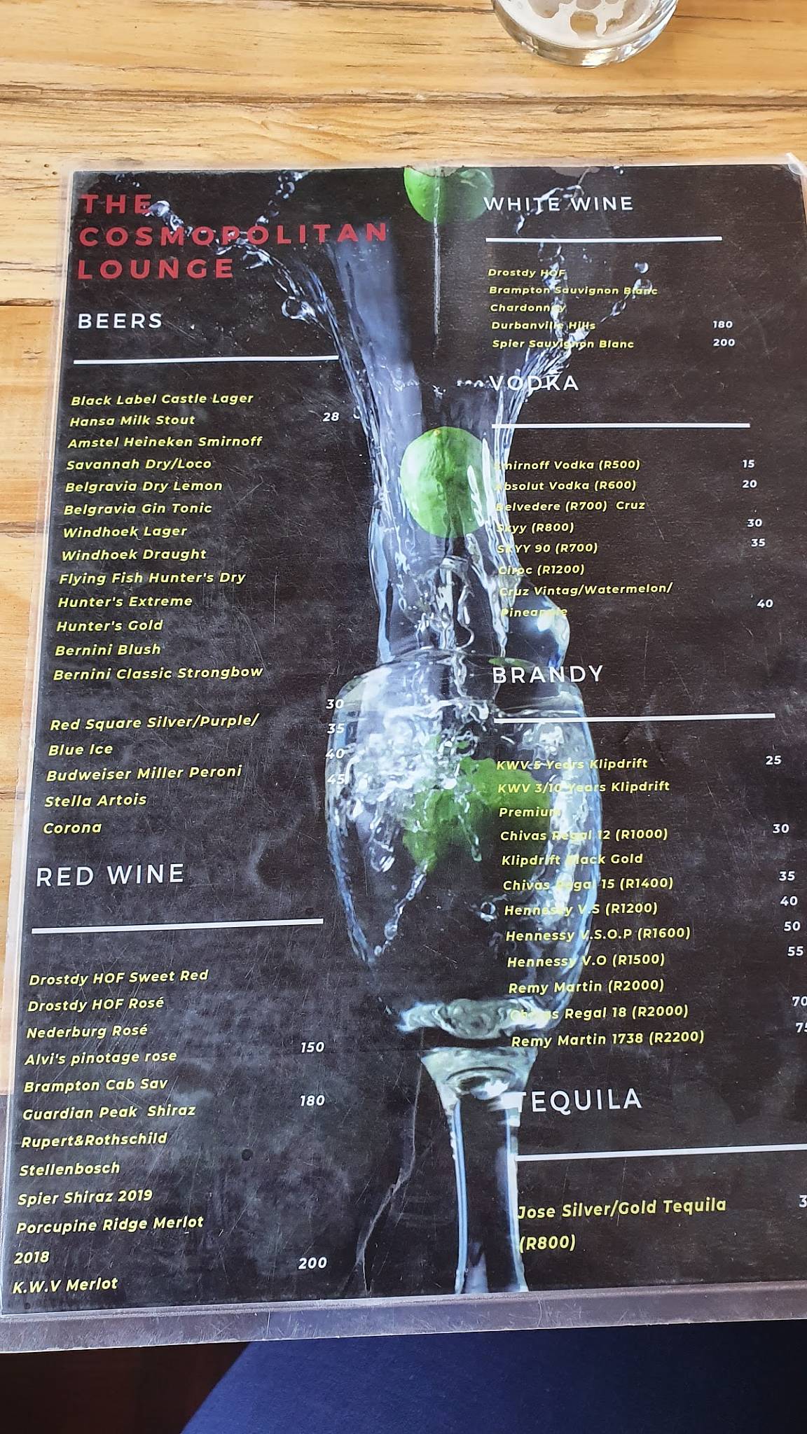 Menu at The Cosmopolitan Lounge restaurant, Johannesburg