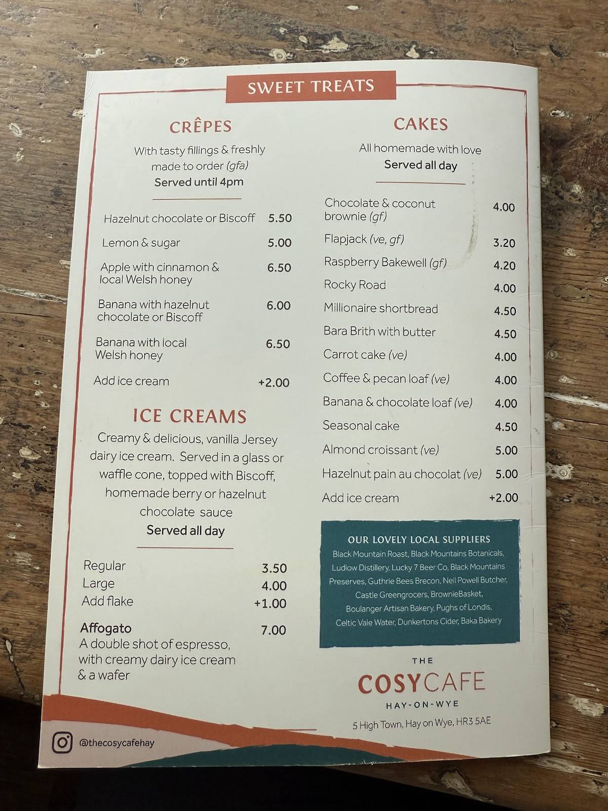Menu at The Cosy Cafe, Hay-on-Wye