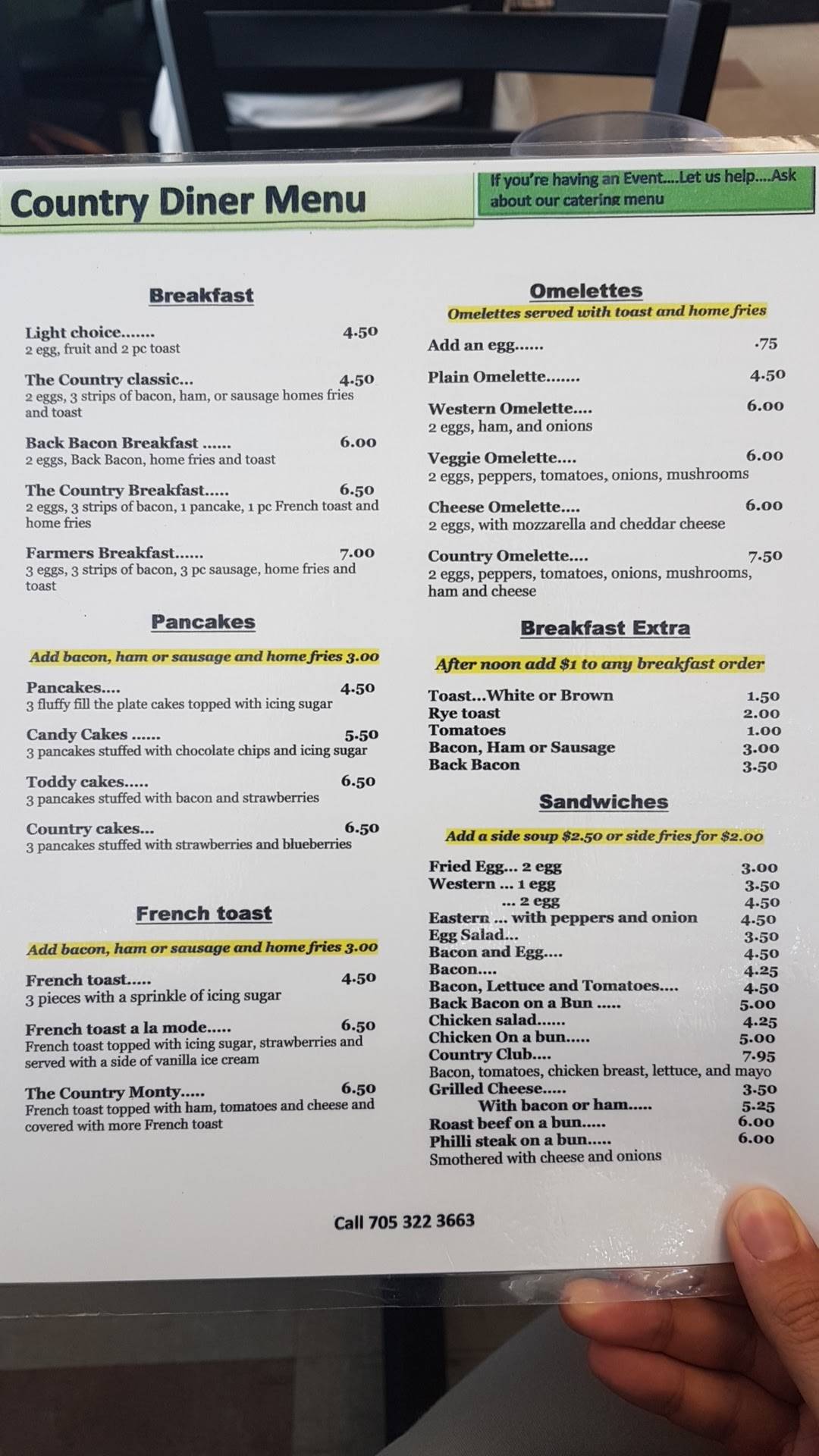 Menu at The Country Diner fast food, Elmvale