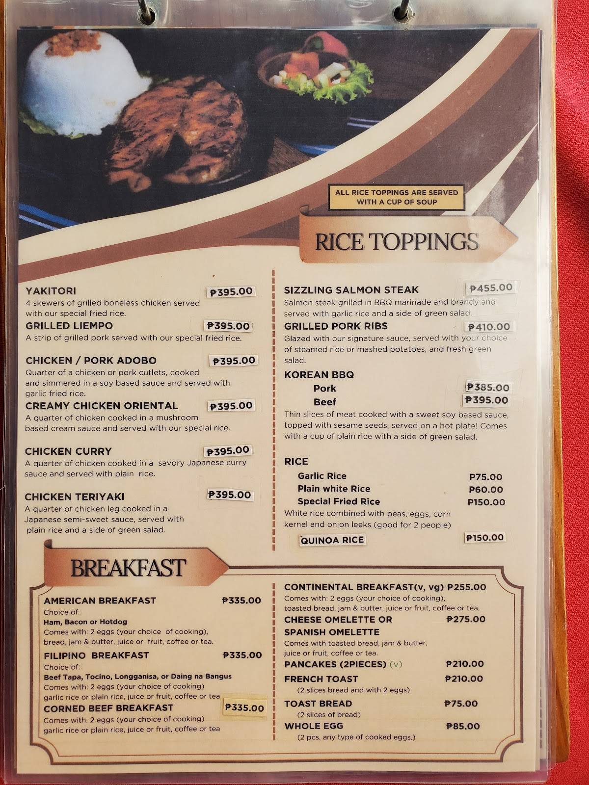 Menu at The Cozy Cove restaurant, Baguio