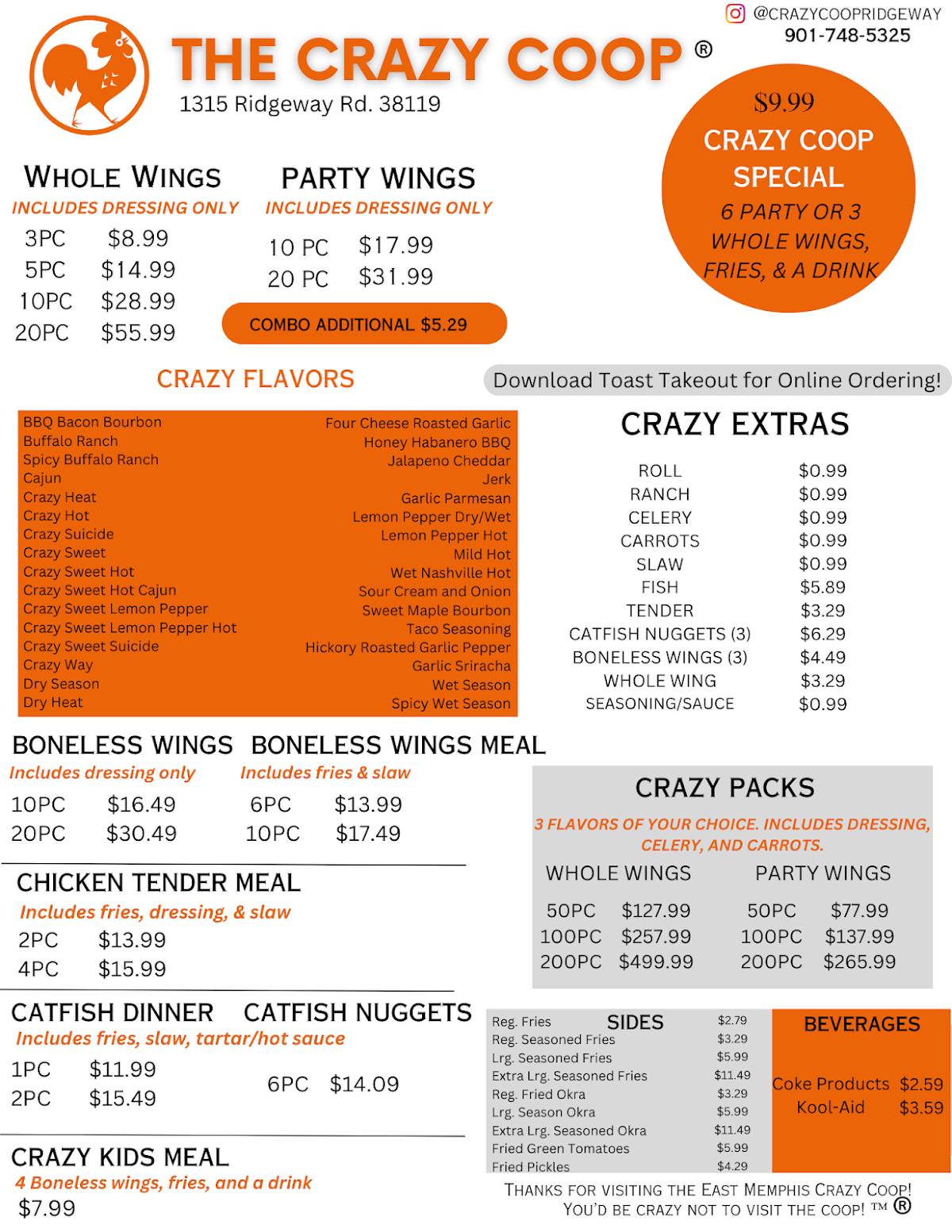 Menu at The Crazy Coop Ridgeway restaurant, Memphis