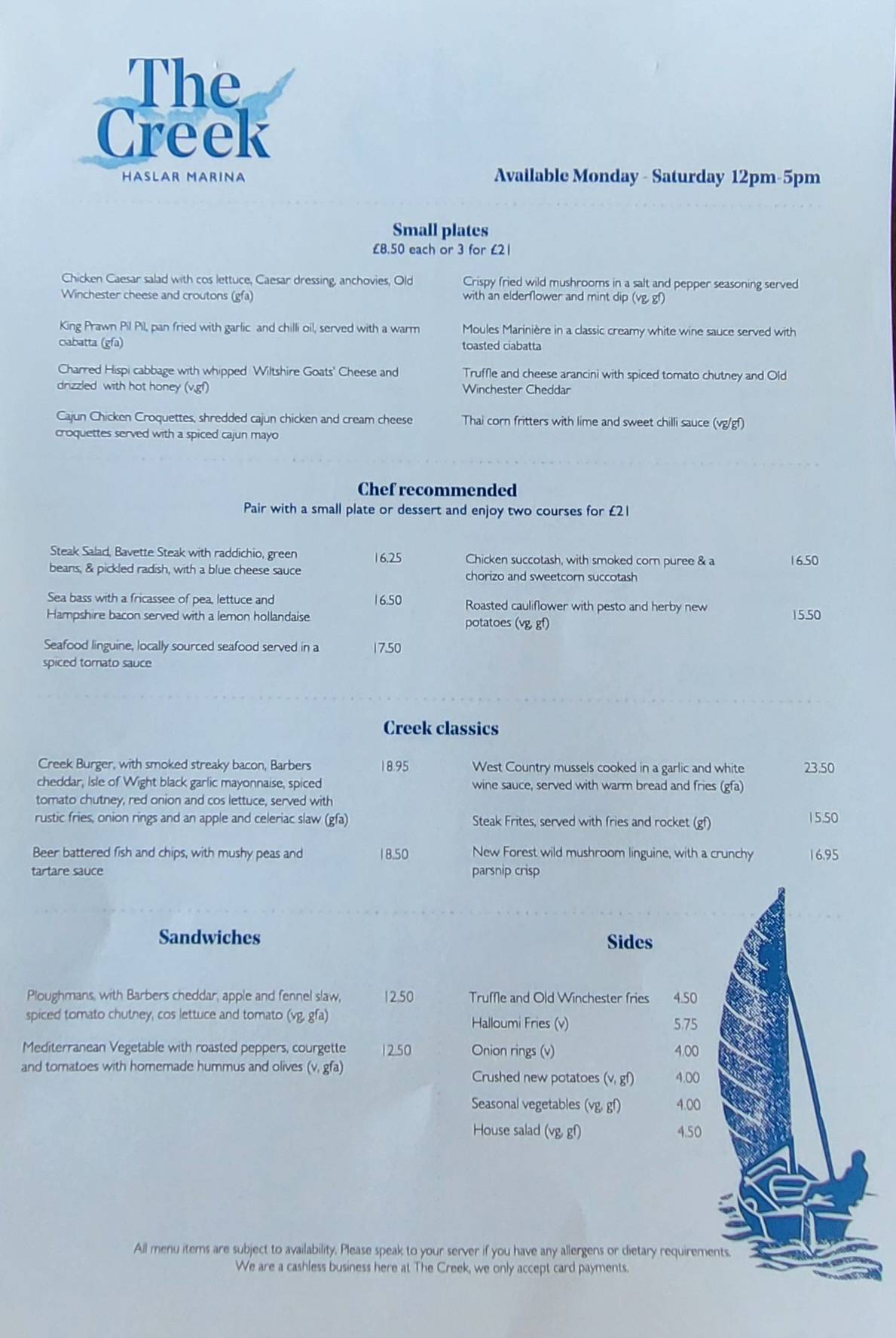 Menu at The Creek at Haslar Marina restaurant, Gosport