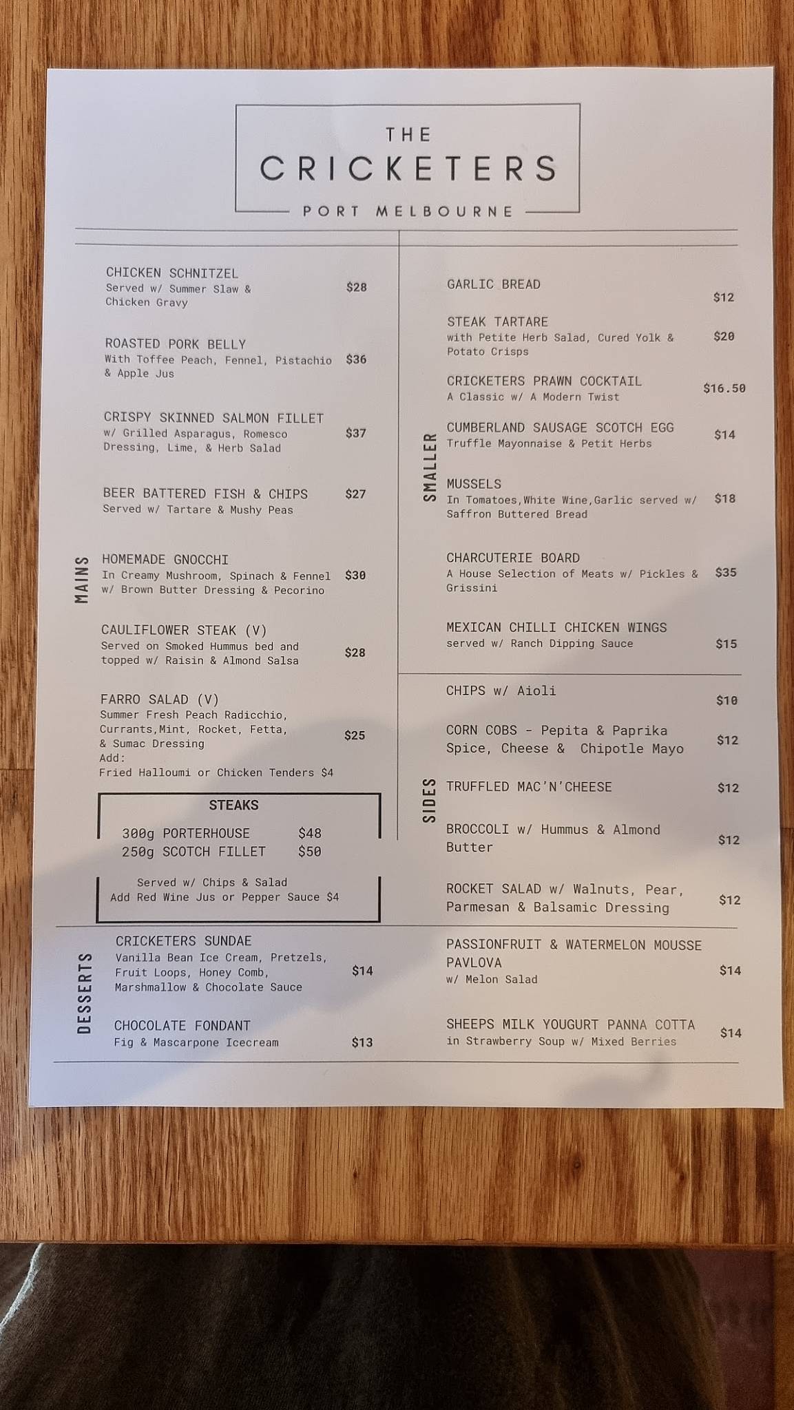 Menu at The Cricketers Port Melbourne pub & bar, Port Melbourne