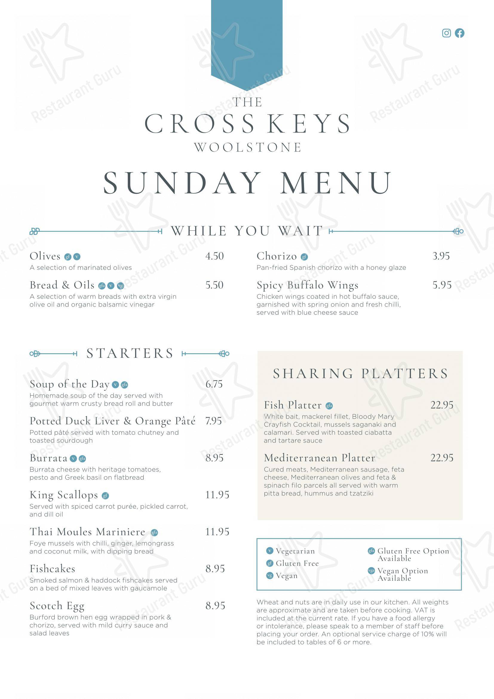 Menu at The Cross Keys pub & bar, Milton Keynes