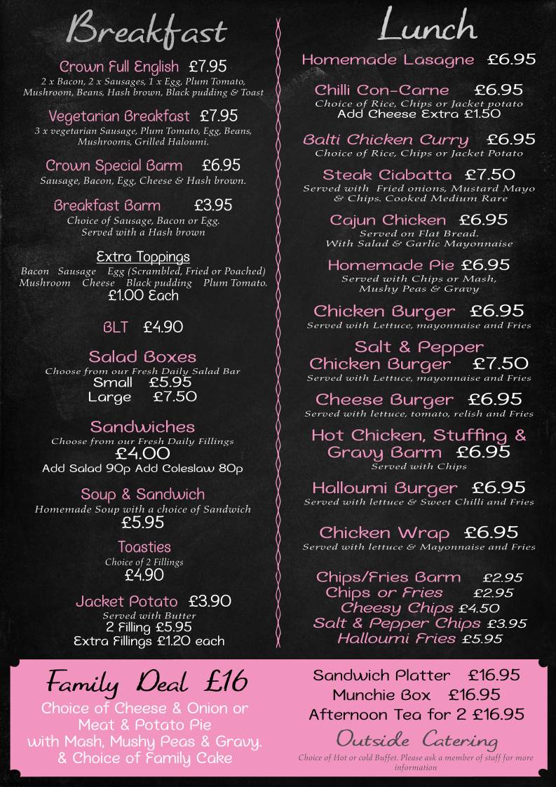 Menu at The Crown and Thistle Bakery, Darwen