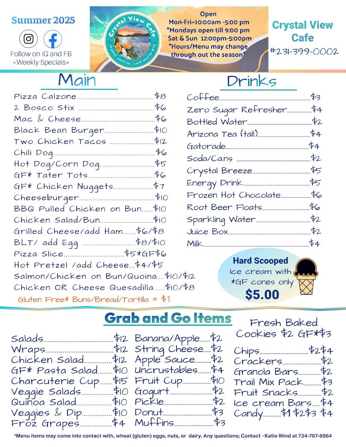 Menu at The Crystal View Cafe, Frankfort, Pilgrim Hwy