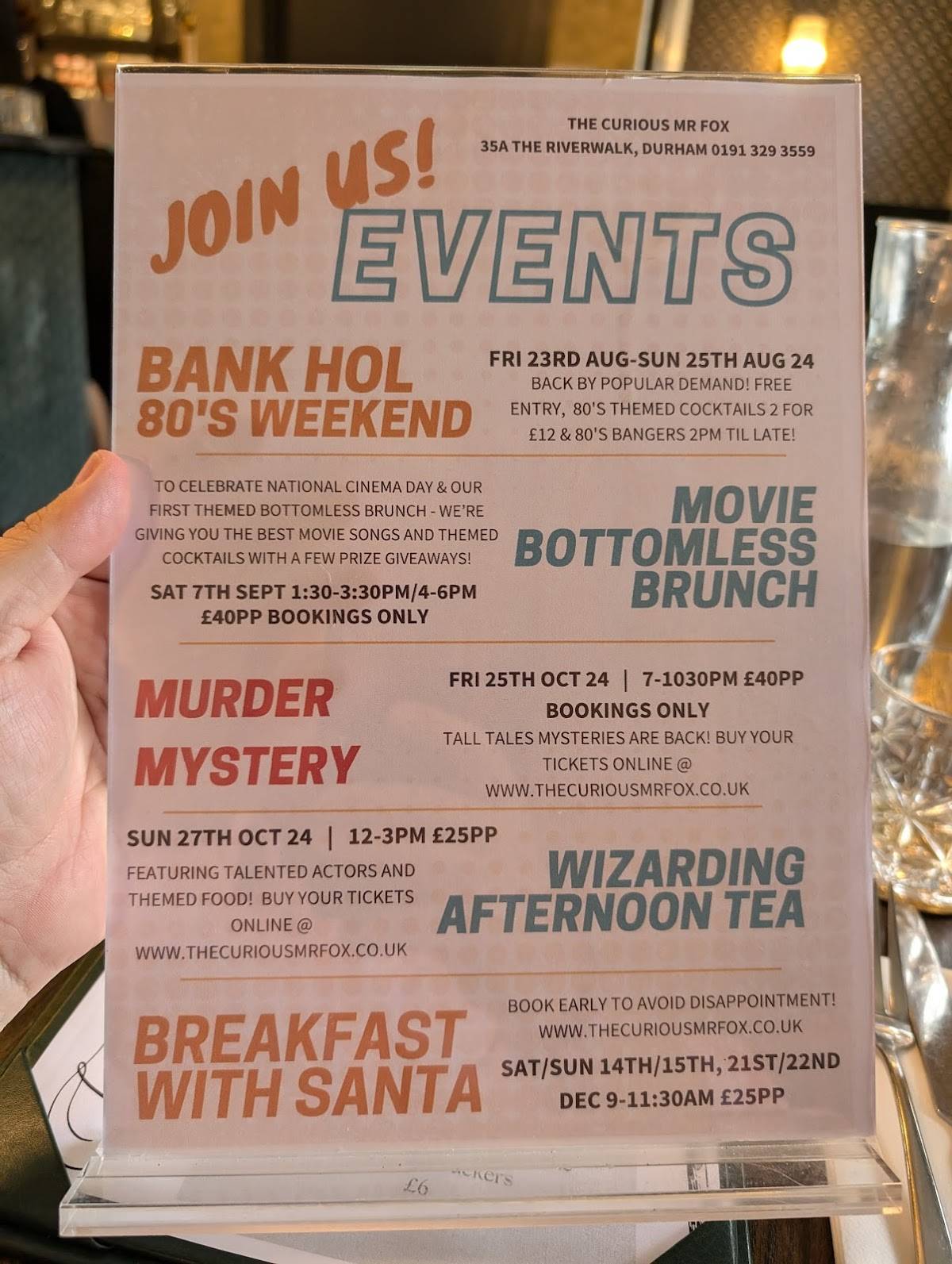 Menu at The Curious Mr Fox restaurant, Durham