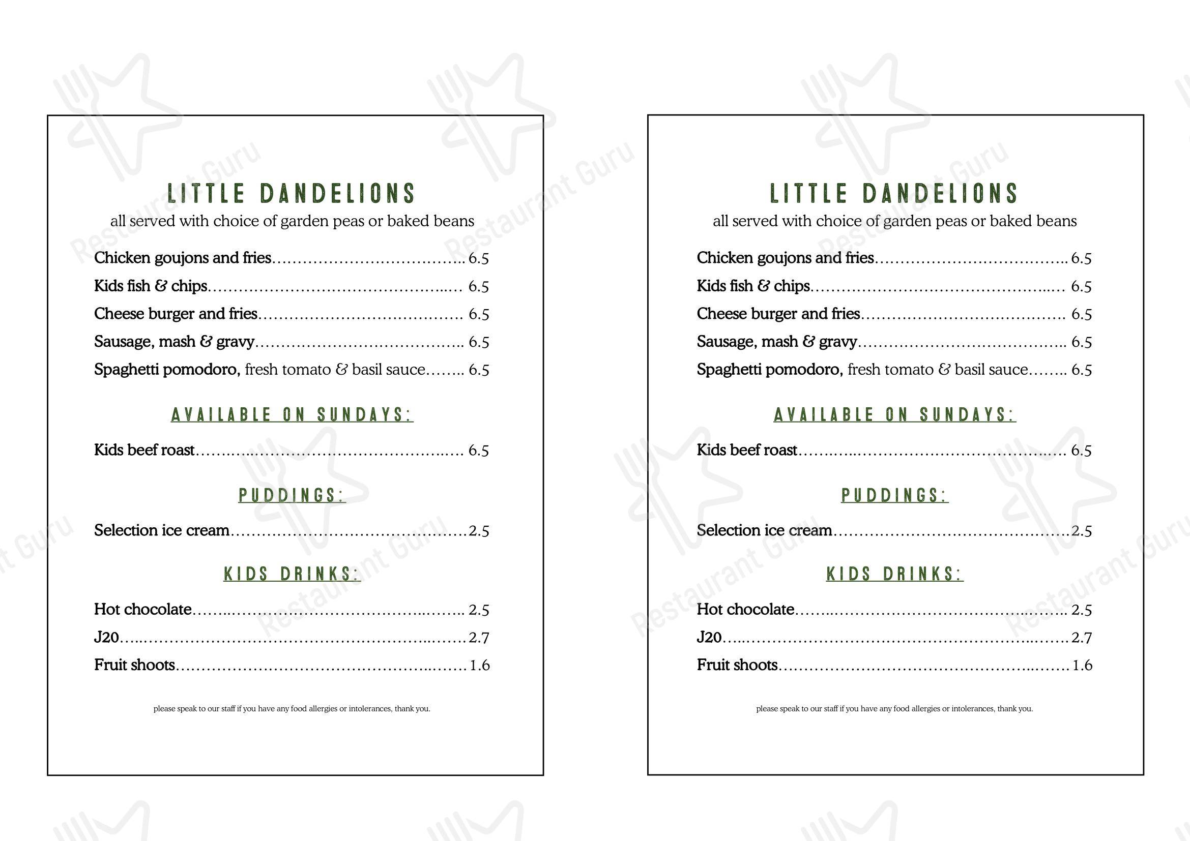 Menu at The Dandelion Tavern pub & bar, Widnes
