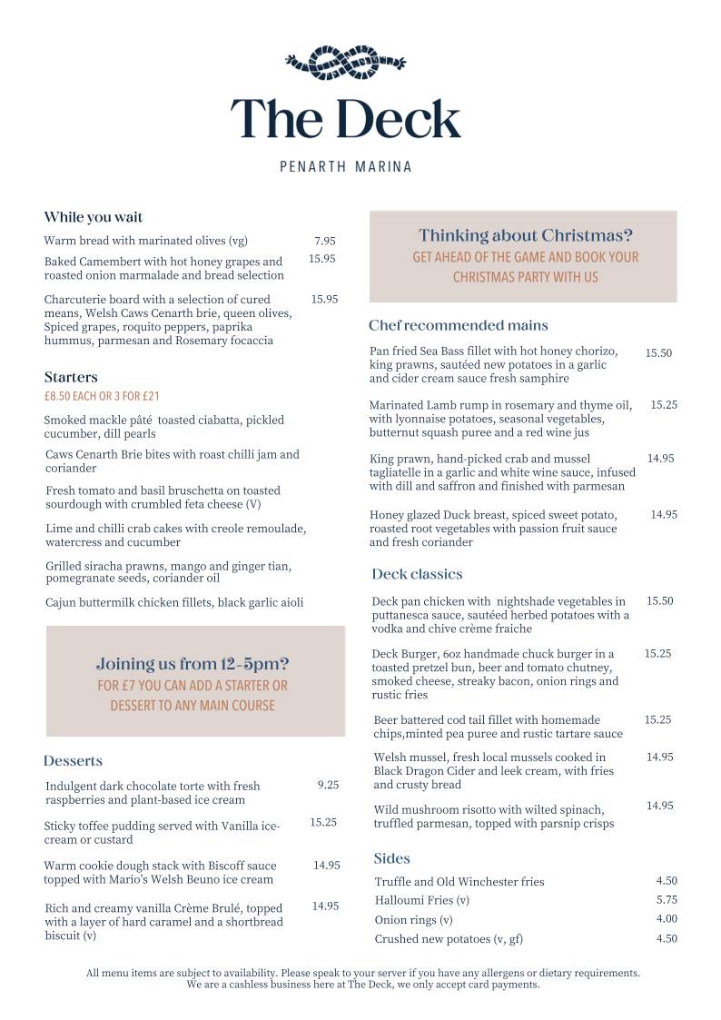 Menu at The Deck restaurant, Penarth