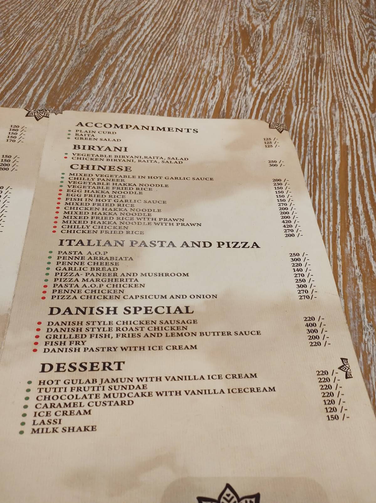 Menu at The Denmark Tavern, Kolkata
